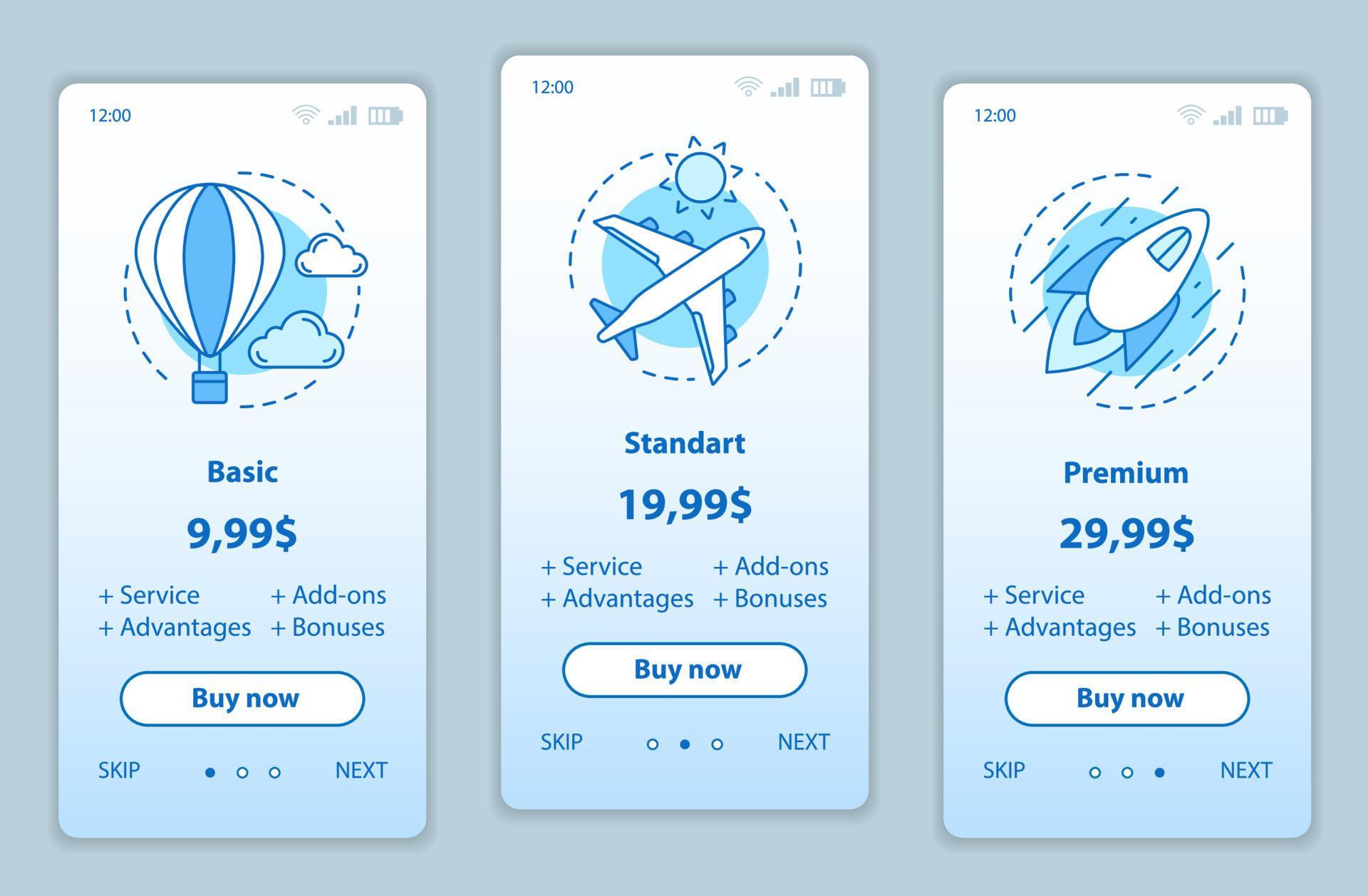 Tariff plans onboarding mobile app screens vector templates ...