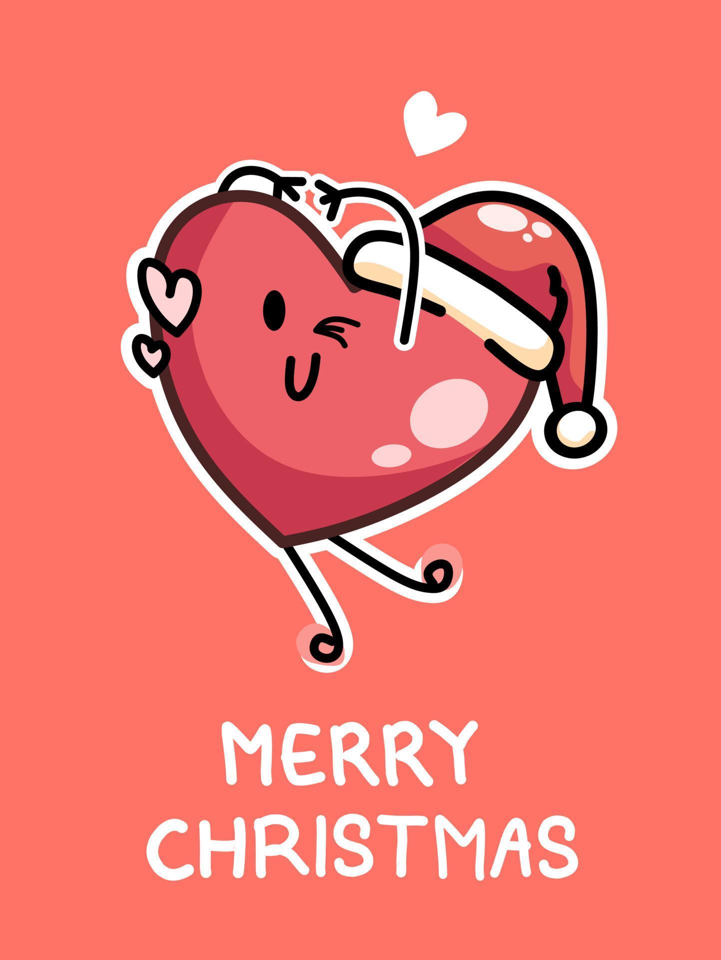 Merry christmas card design with happy red heart wearing santa hat ...