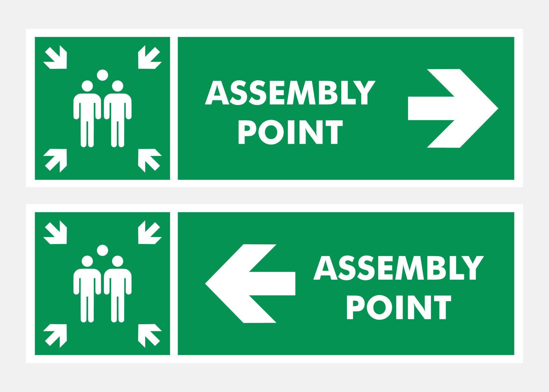 Signs of gathering places for emergencies, Assembly point right and ...