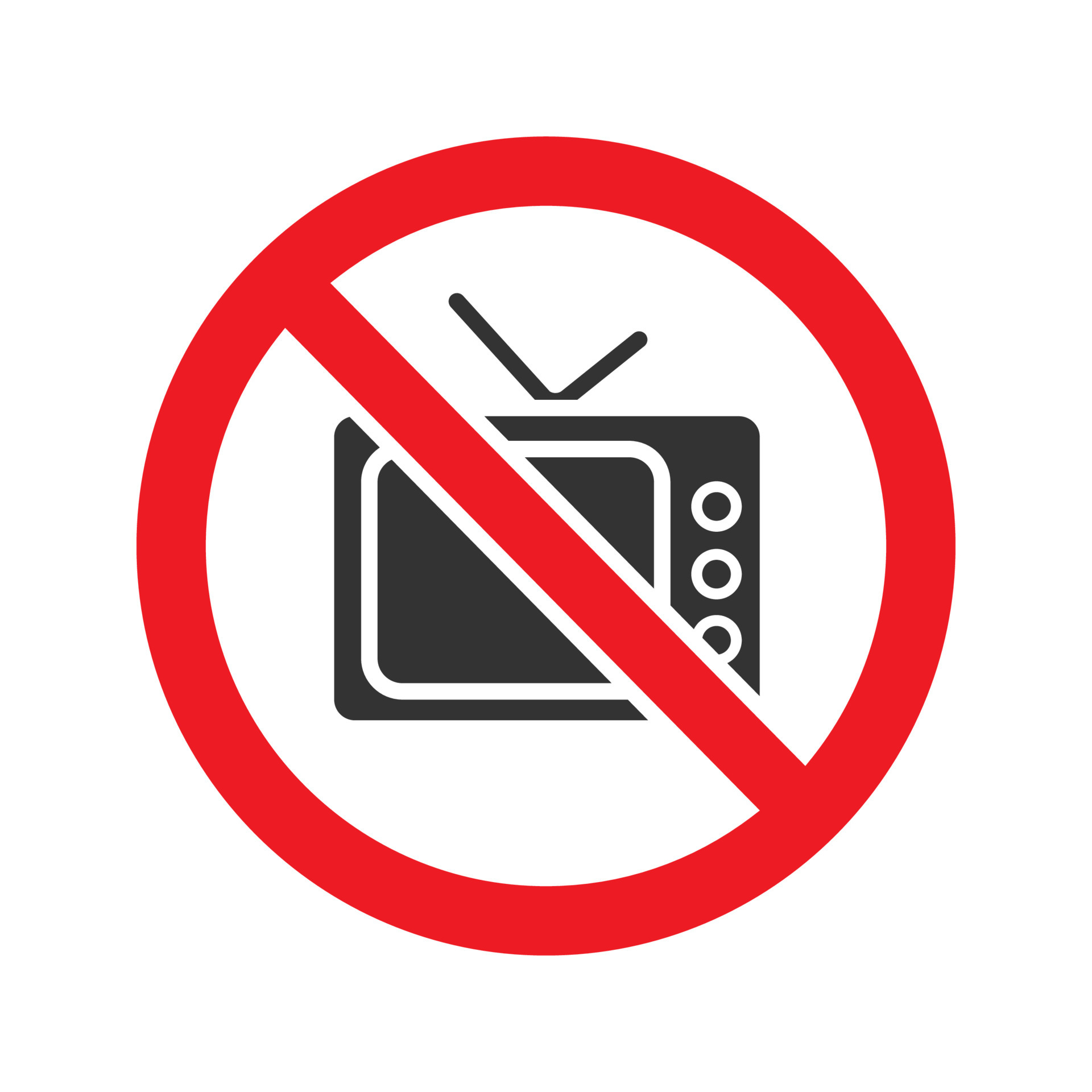 Señal de prohibido con el icono de glifo de televisor. detener el símbolo de la silueta. no hay ...