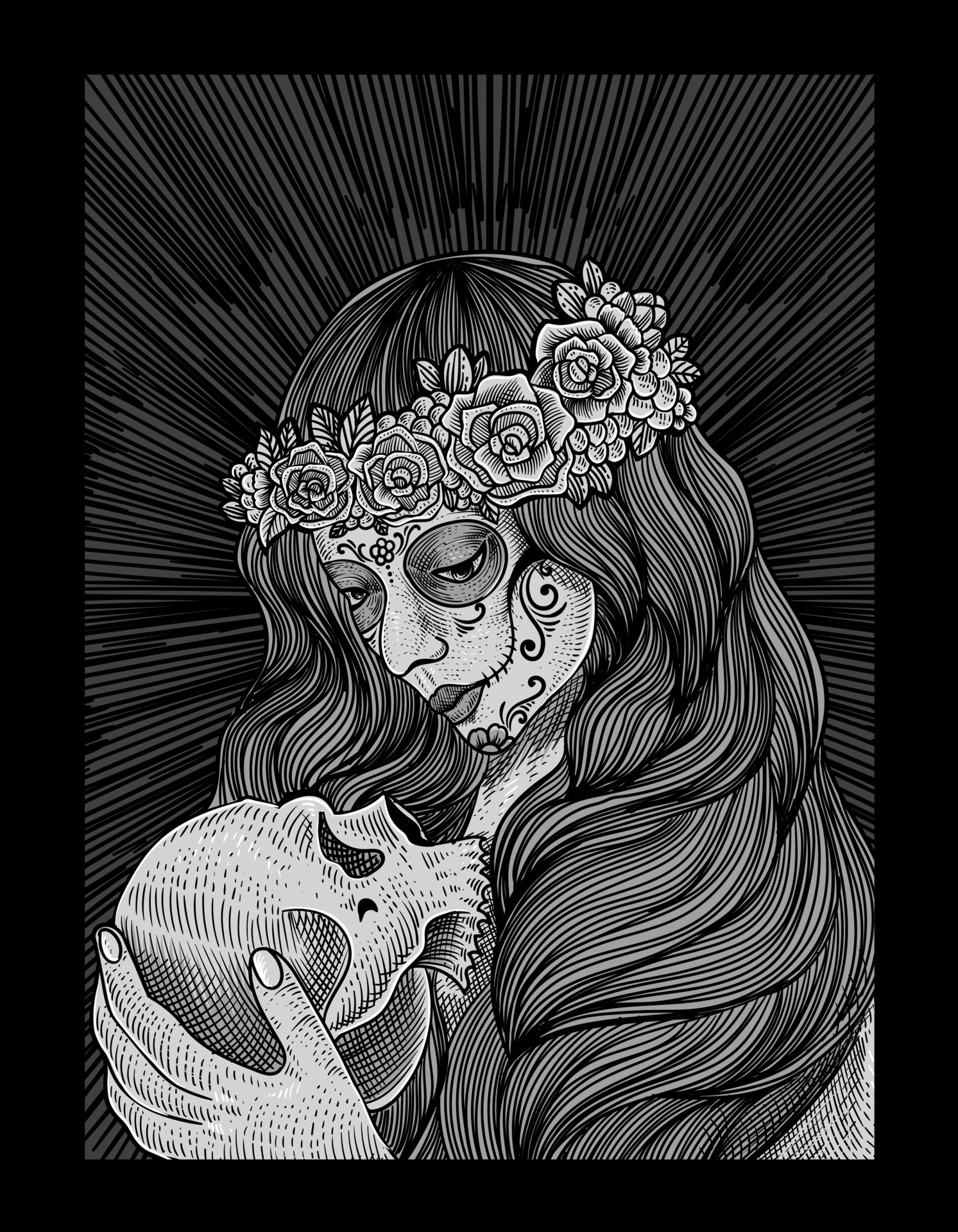 Illustration Sugar Skull Woman With Engraving Style 4246786 Vector Art