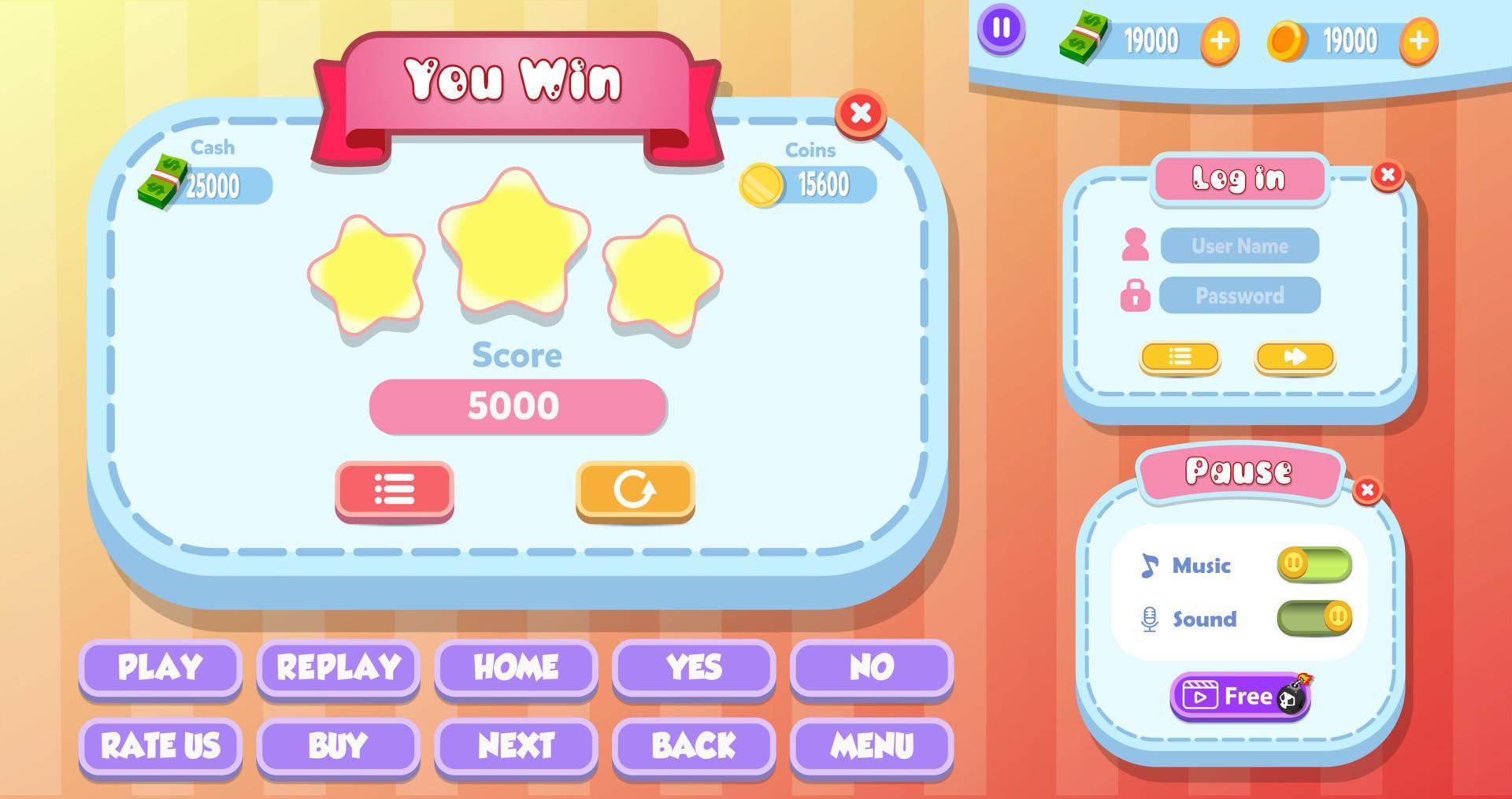 Casual Game UI menu popups with buttons and game assets 4249273 Vector ...