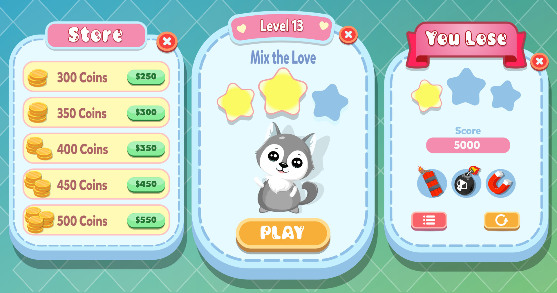 Casual Game Ui Menu Popups With Buttons And Game Assets 4249280 Vector