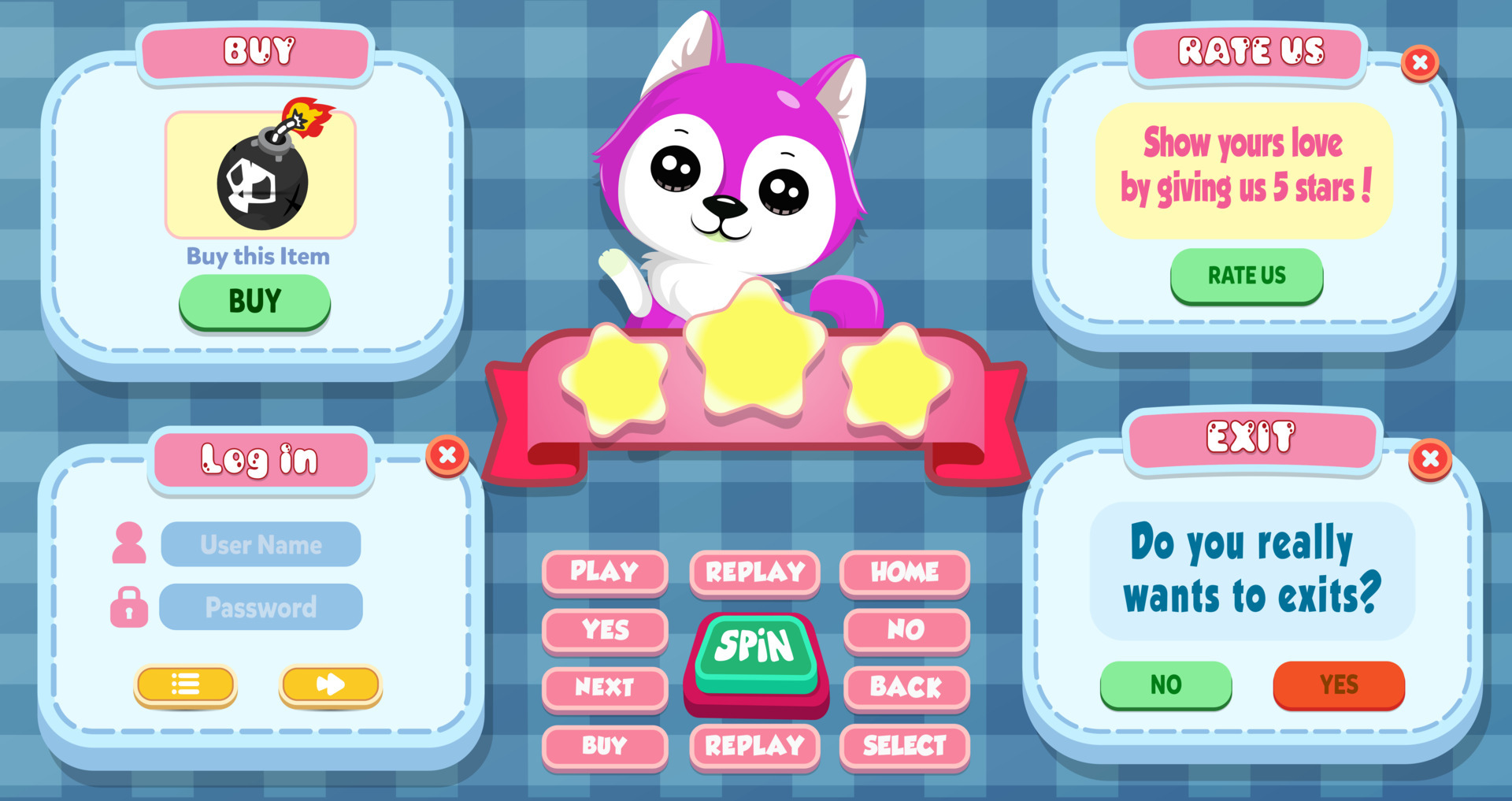 Casual Game Ui Menu Popups With Buttons And Game Assets 4249284 Vector
