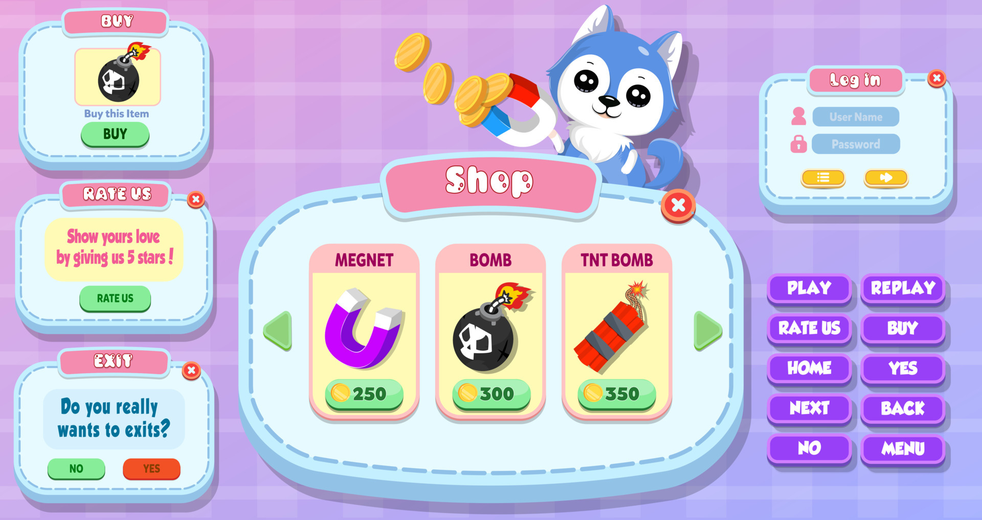 Casual Game Ui Menu Popups With Buttons And Game Assets 4249285 Vector