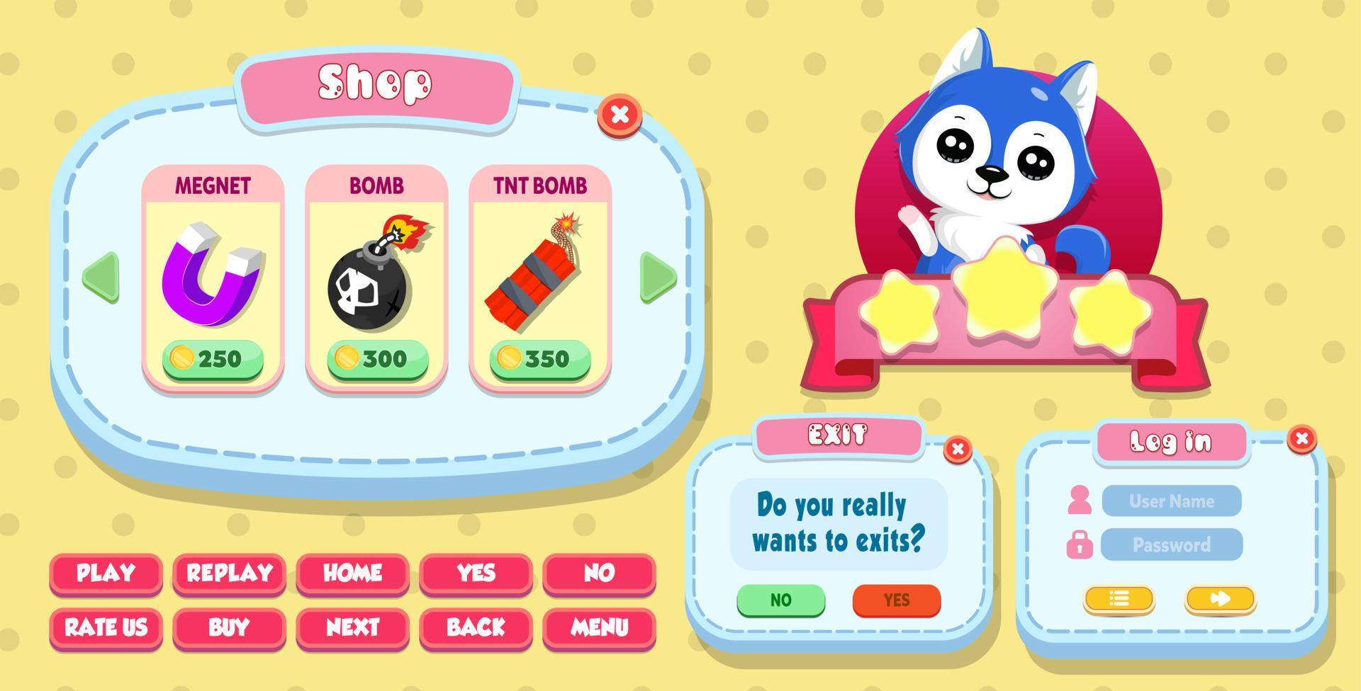 Casual Game Ui Menu Popups With Buttons And Game Assets 4249363 Vector