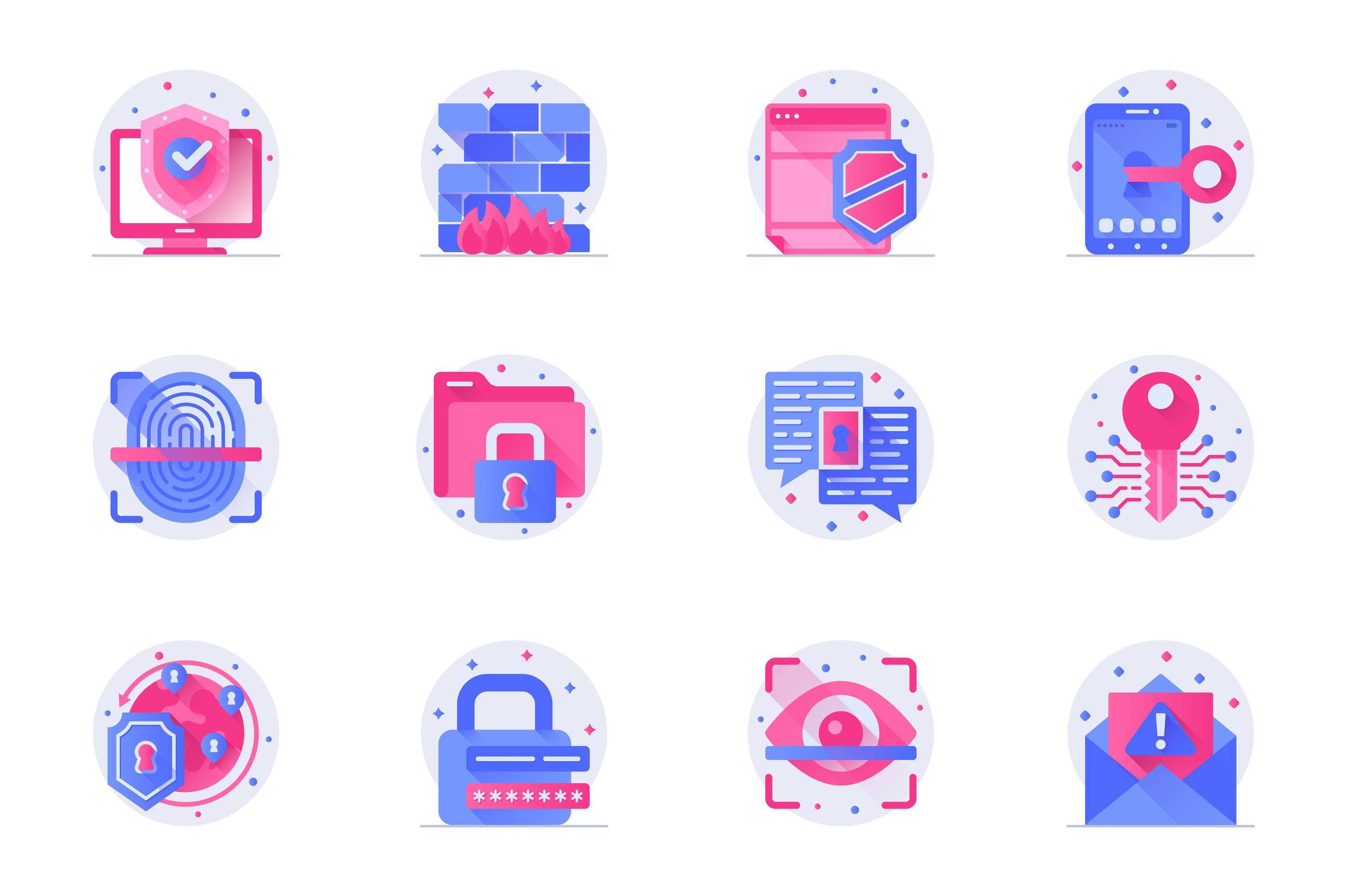 Cyber security concept web flat color icons with shadow set. Pack ...