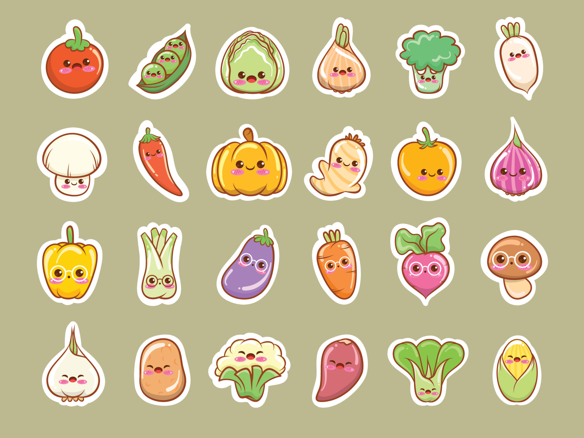 Set Of Cute Vegetables In Kawaii Sticker Style Cartoon 4267249 Vector