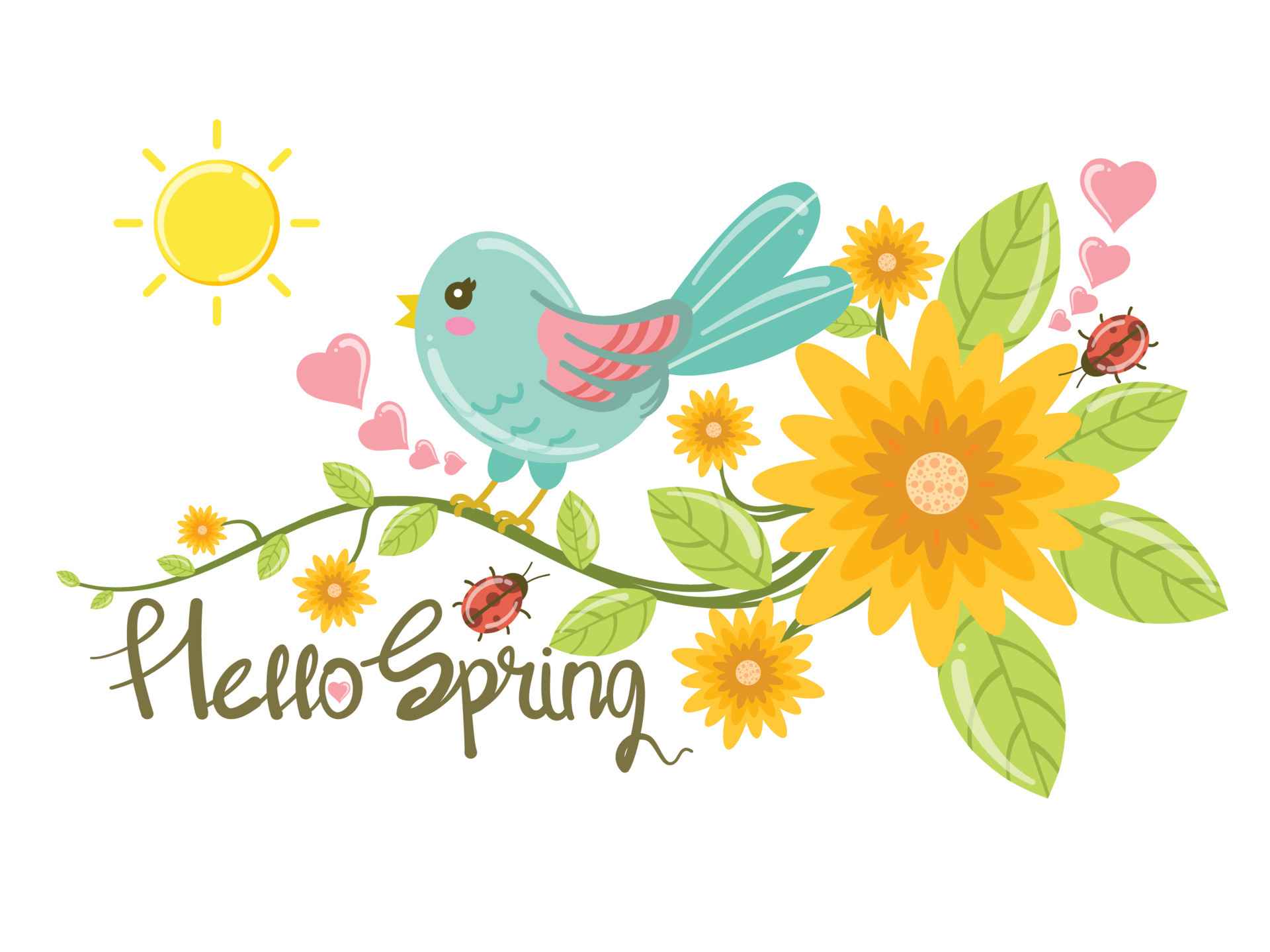 Cute bird with flowers and leaf. hello spring card illustration 4267489 ...