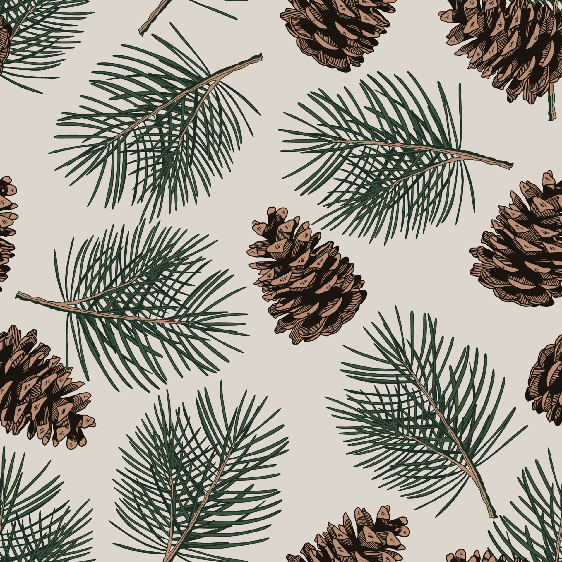 Seamless pattern with pine tree branches and cones. Hand drawn vector ...