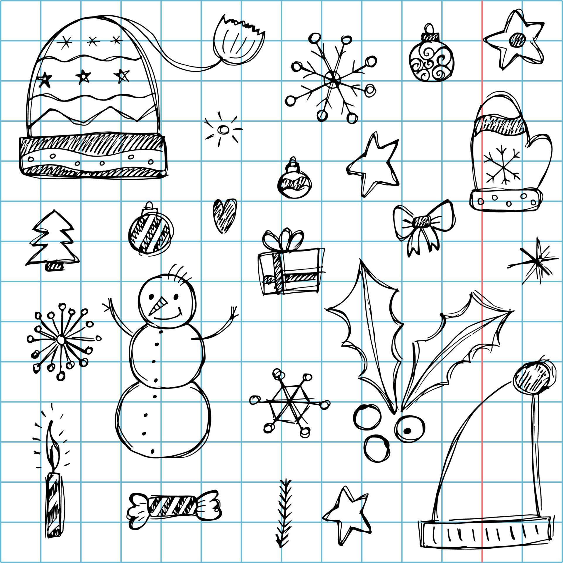 A set of winter elements in the doodle style. A hand-drawn illustration ...