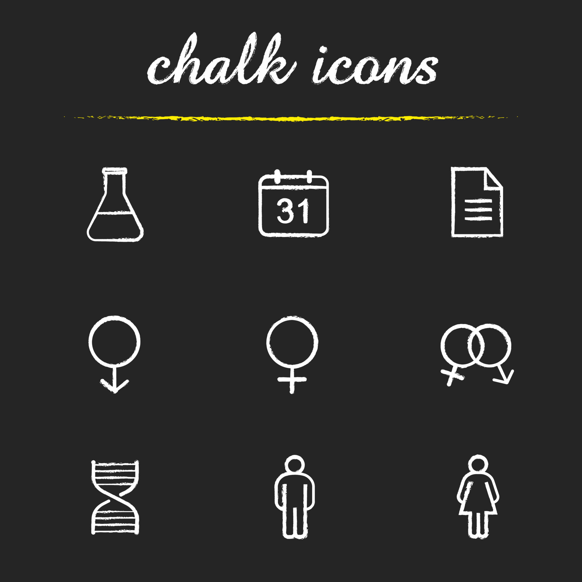 Science Research Chalk Icons Set Wc Door Signs Lab Flask Calendar