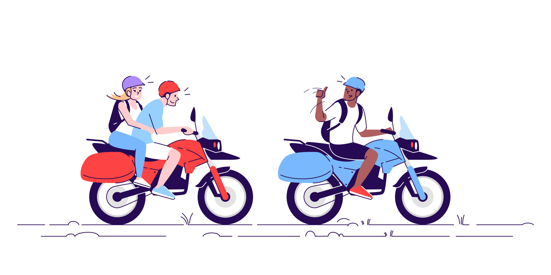 People on motorcycles flat doodle illustration. Tourists riding bikes. Couple using local ...