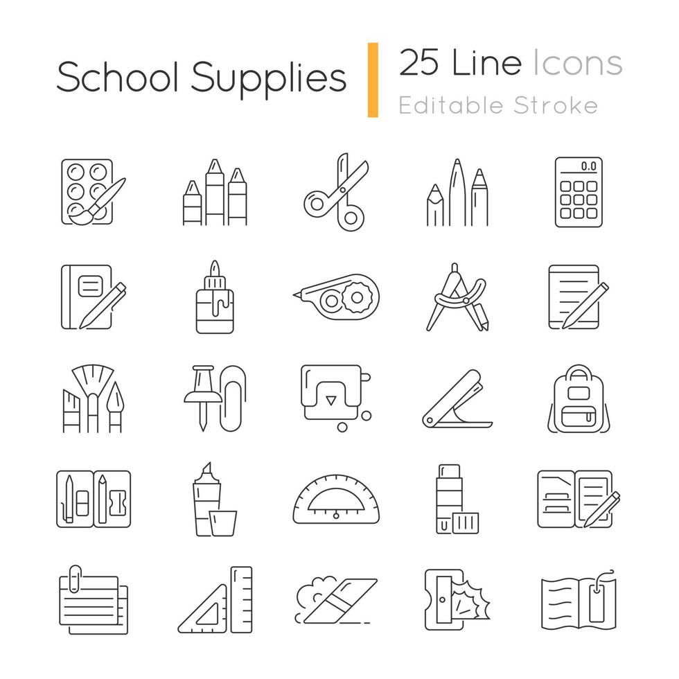 School supplies linear icons set. Must-have items for back to school ...