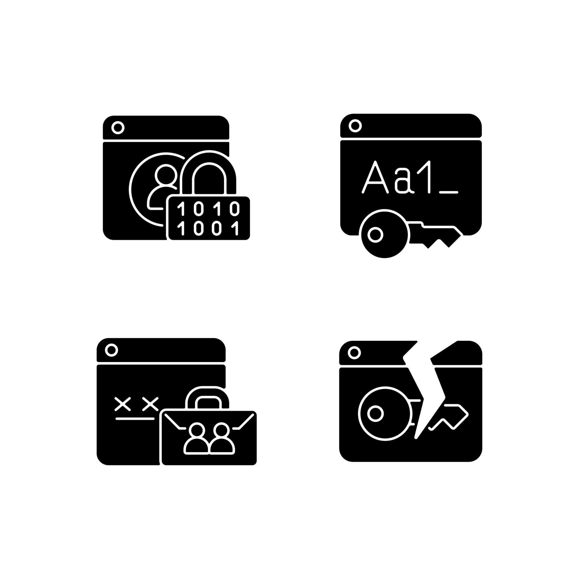 Password Encryption Black Glyph Icons Set On White Space Internet Safety Corporate System
