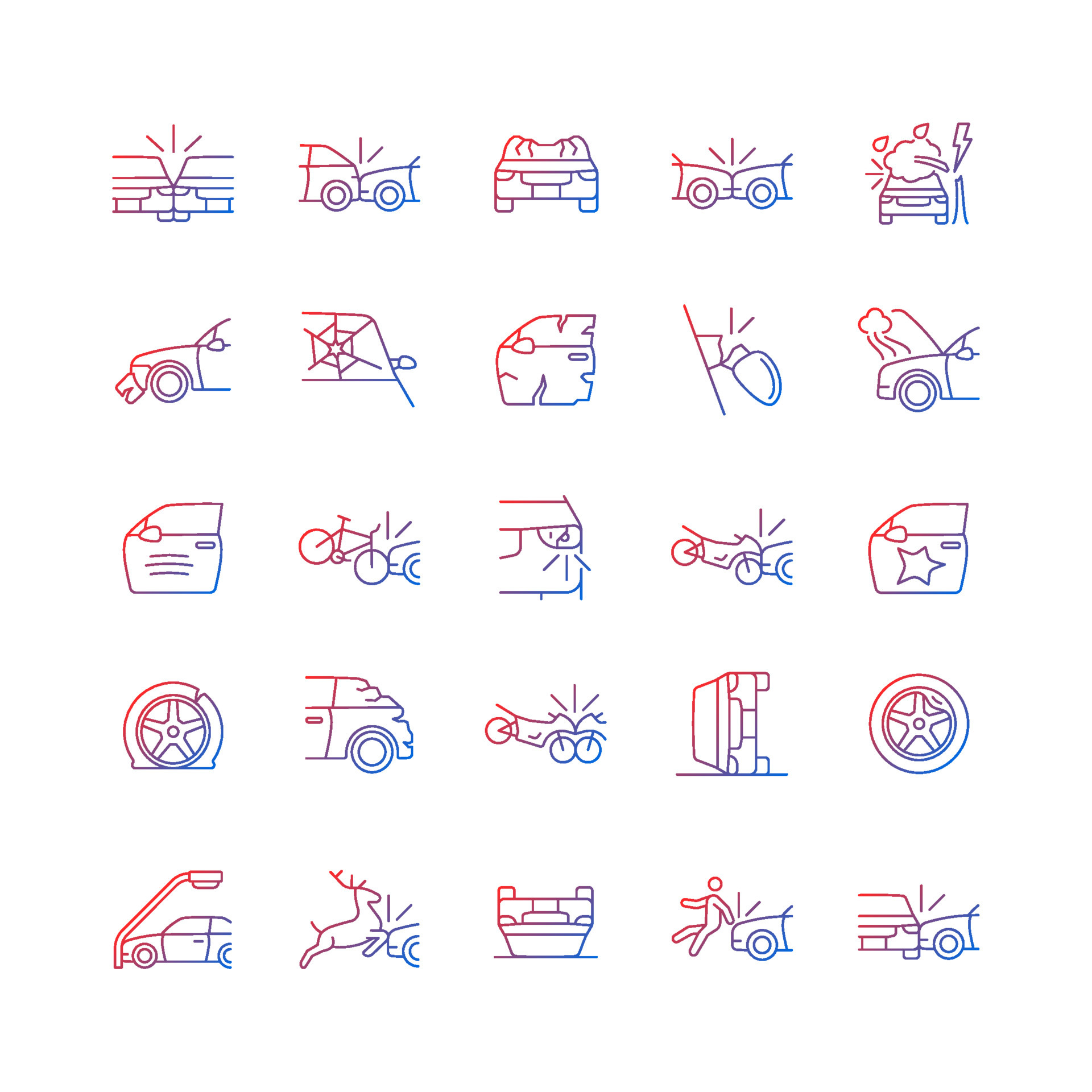 Car accident types gradient linear vector icons set. Road traffic ...