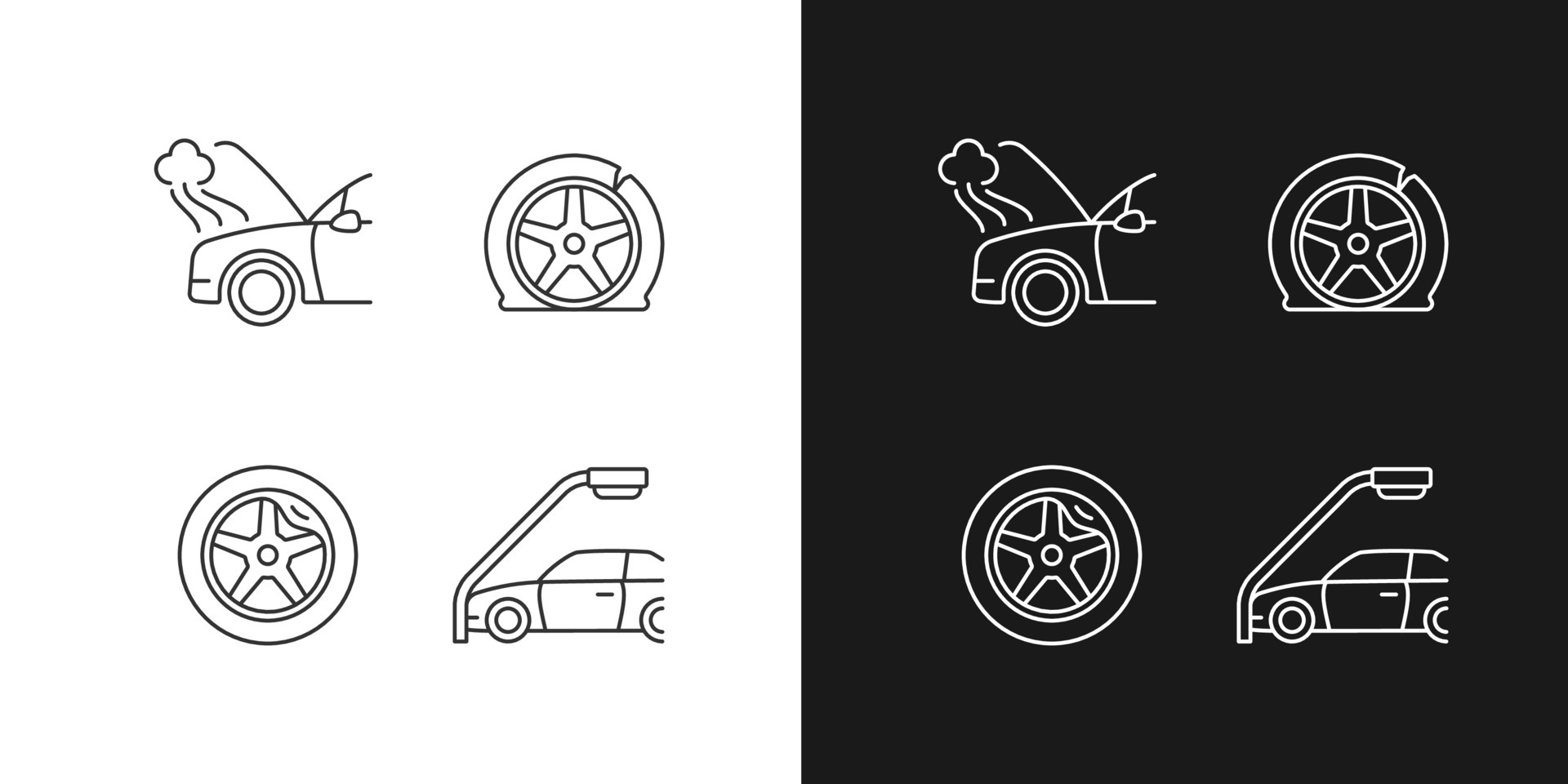Vehicle damage in car accident cases linear icons set for dark and ...