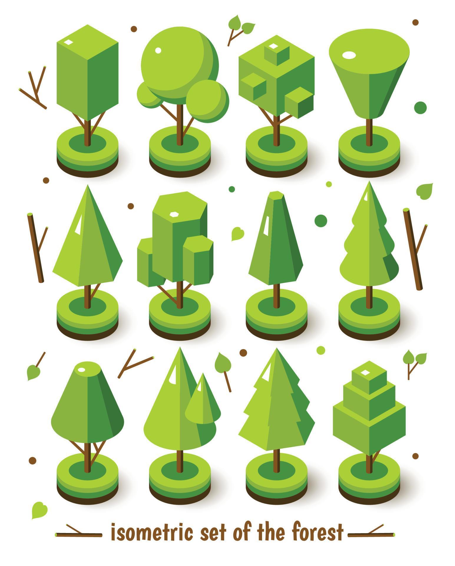 Isometric vector bright tree set. Landscape constructor kit. Different ...