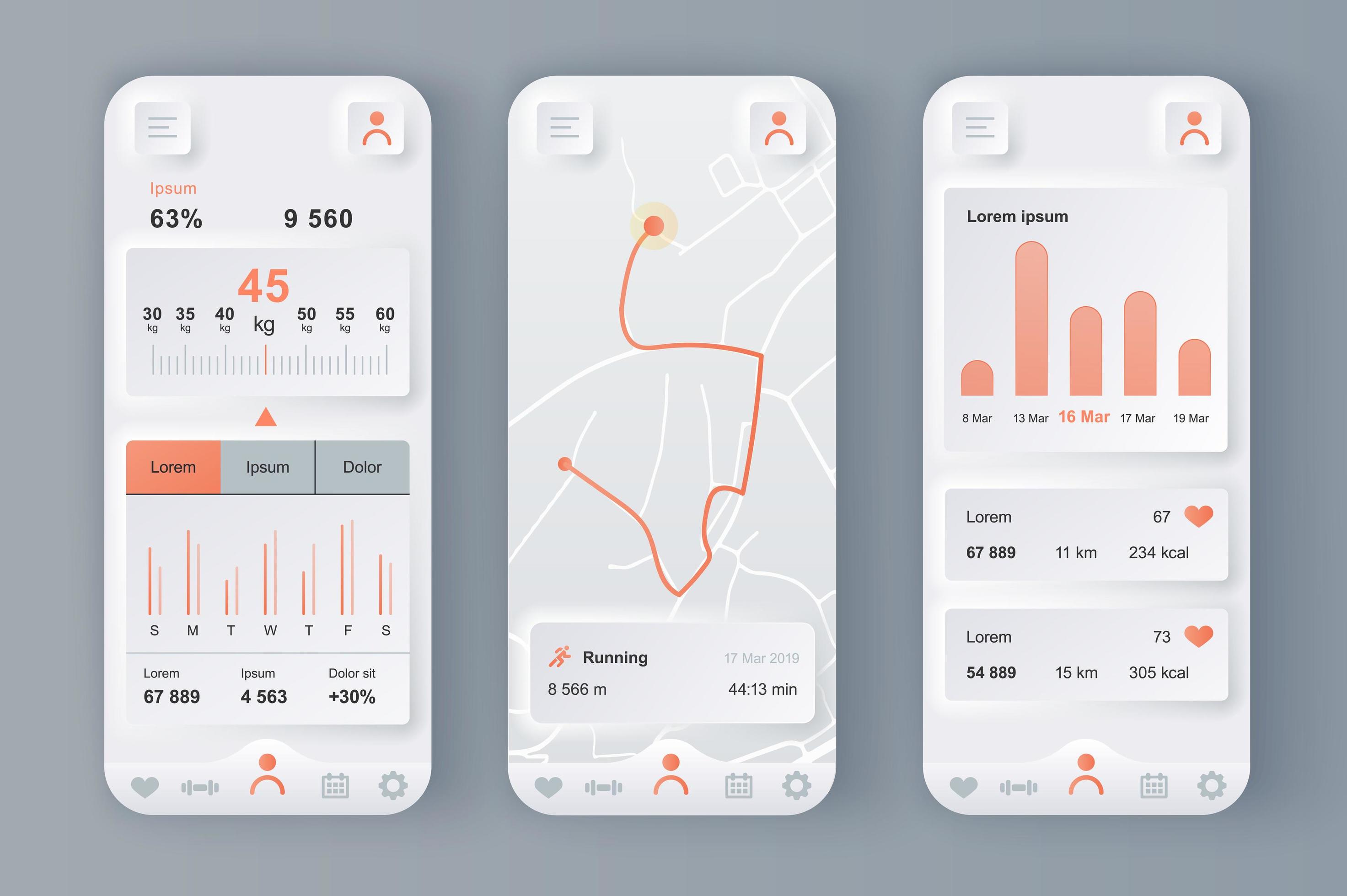 Fitness workout concept neumorphic templates set. Weight and calorie ... Fitness workout concept neumorphic templates set. Weight and calorie ...