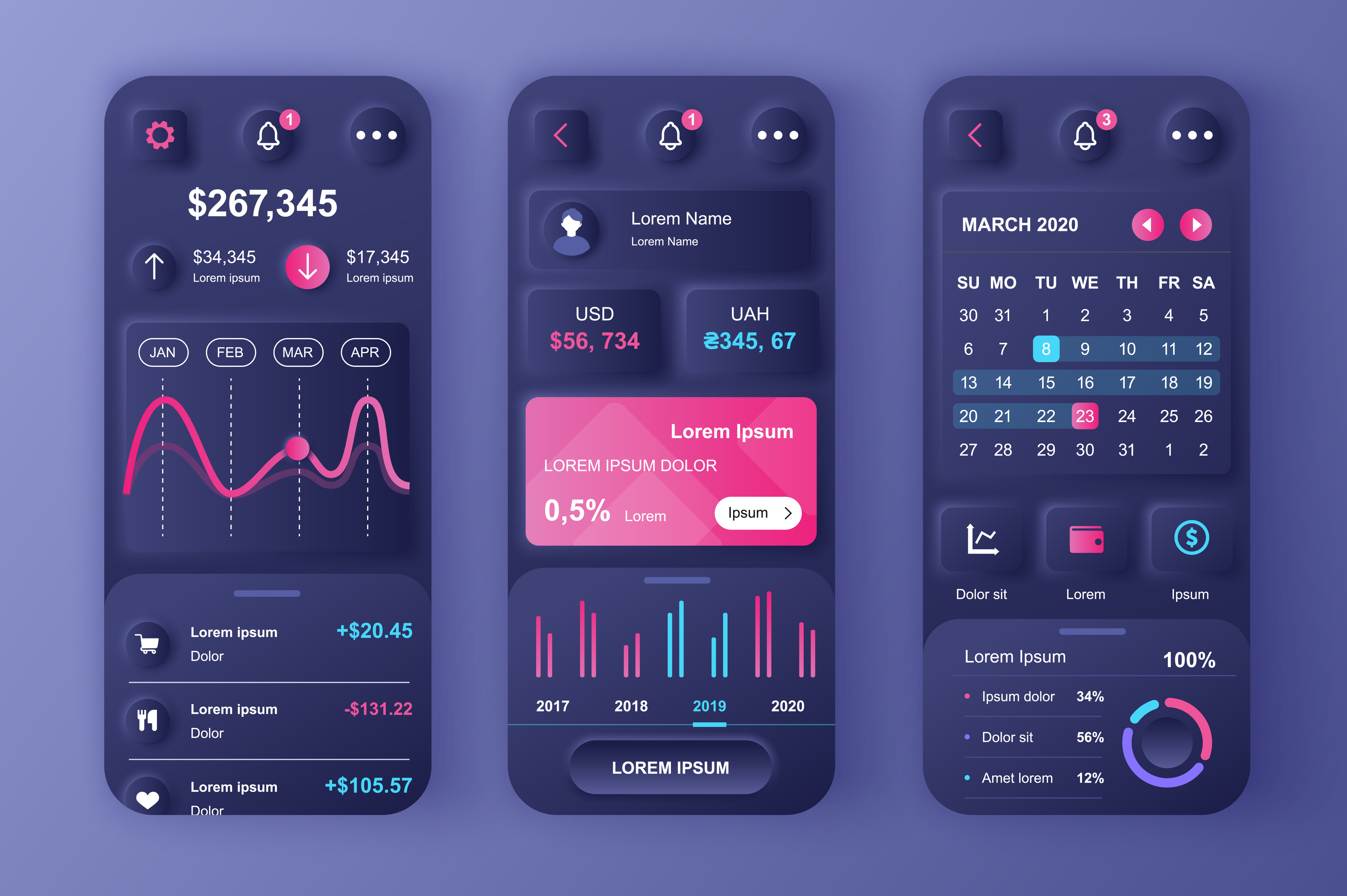 Finance services concept neumorphic templates set. Financial analytics ...