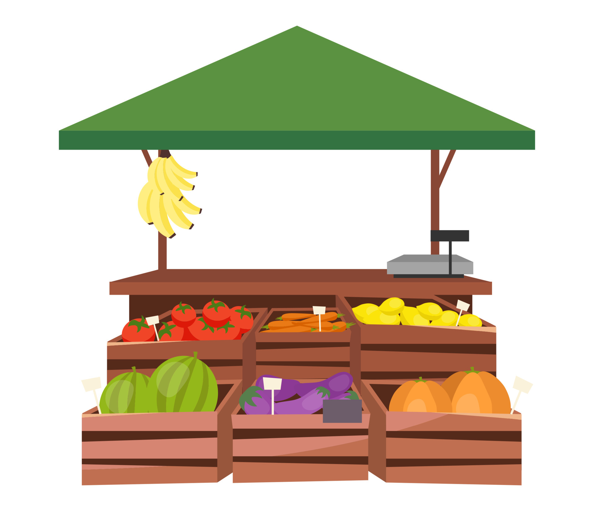 Fruits and vegetables market stall flat illustration. Farm products ... Fruits and vegetables market stall flat illustration. Farm products ...