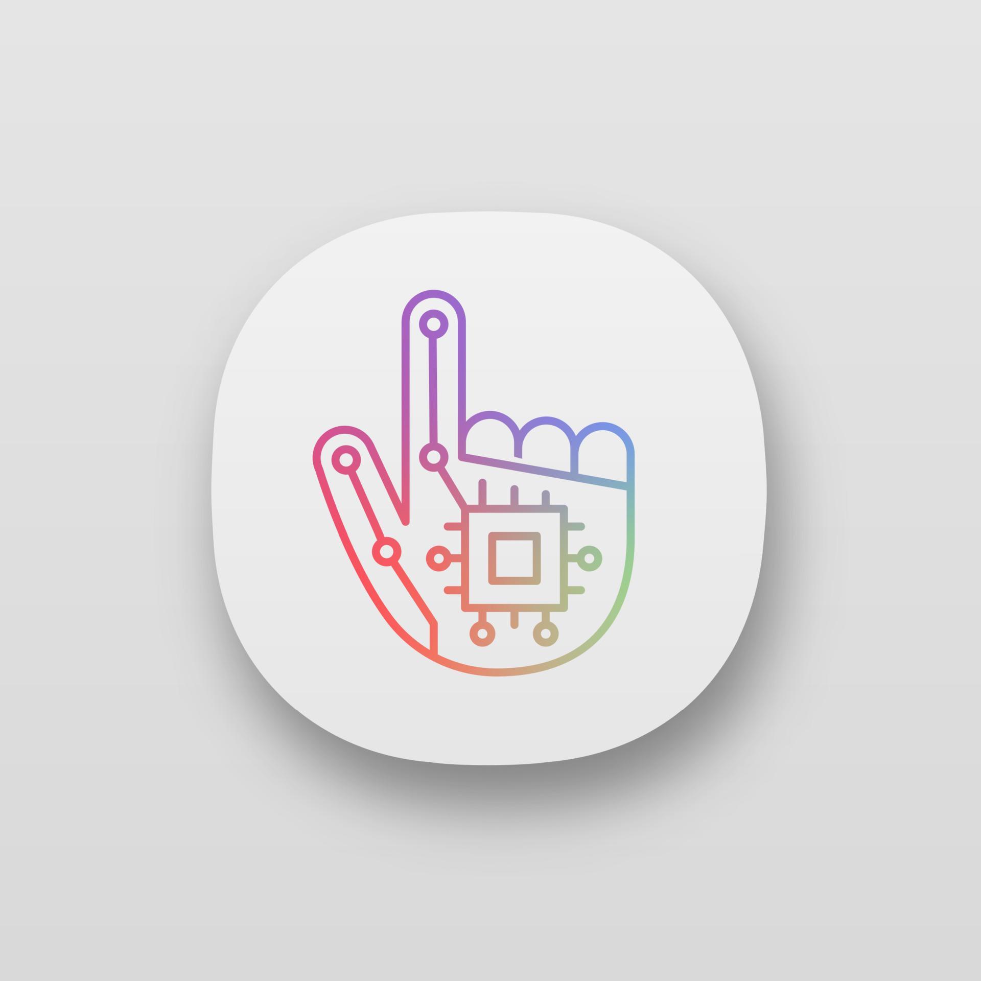 Robotic hand app icon. UI UX user interface. NFC or RFID implant. Digital hand. Microchip ...