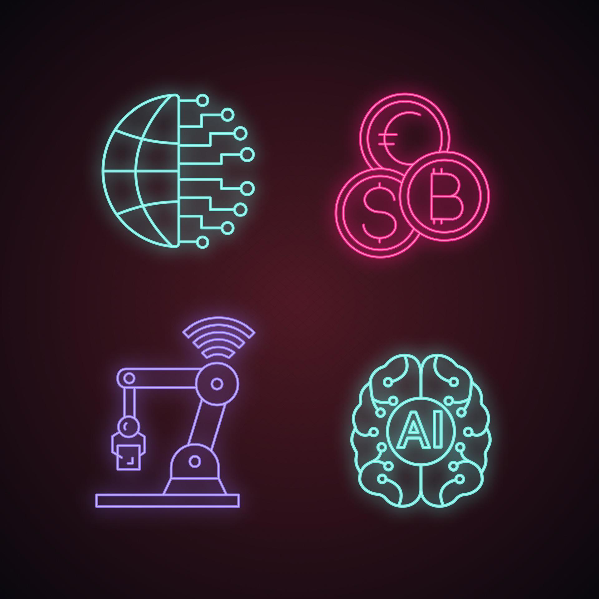 Artificial intelligence neon light icons set. Neurotechnology. AI. Big ...