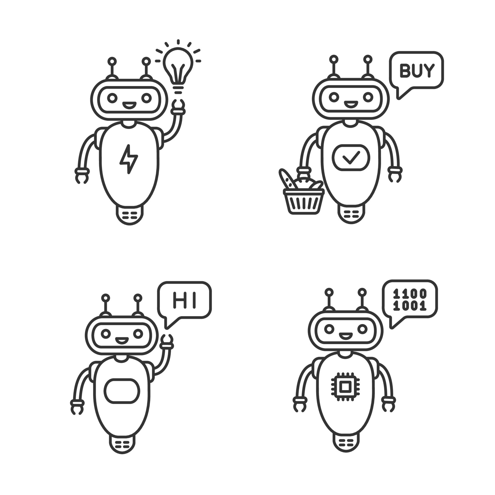 Chatbots linear icons set. Talkbots. Virtual assistants. New idea, buy ...