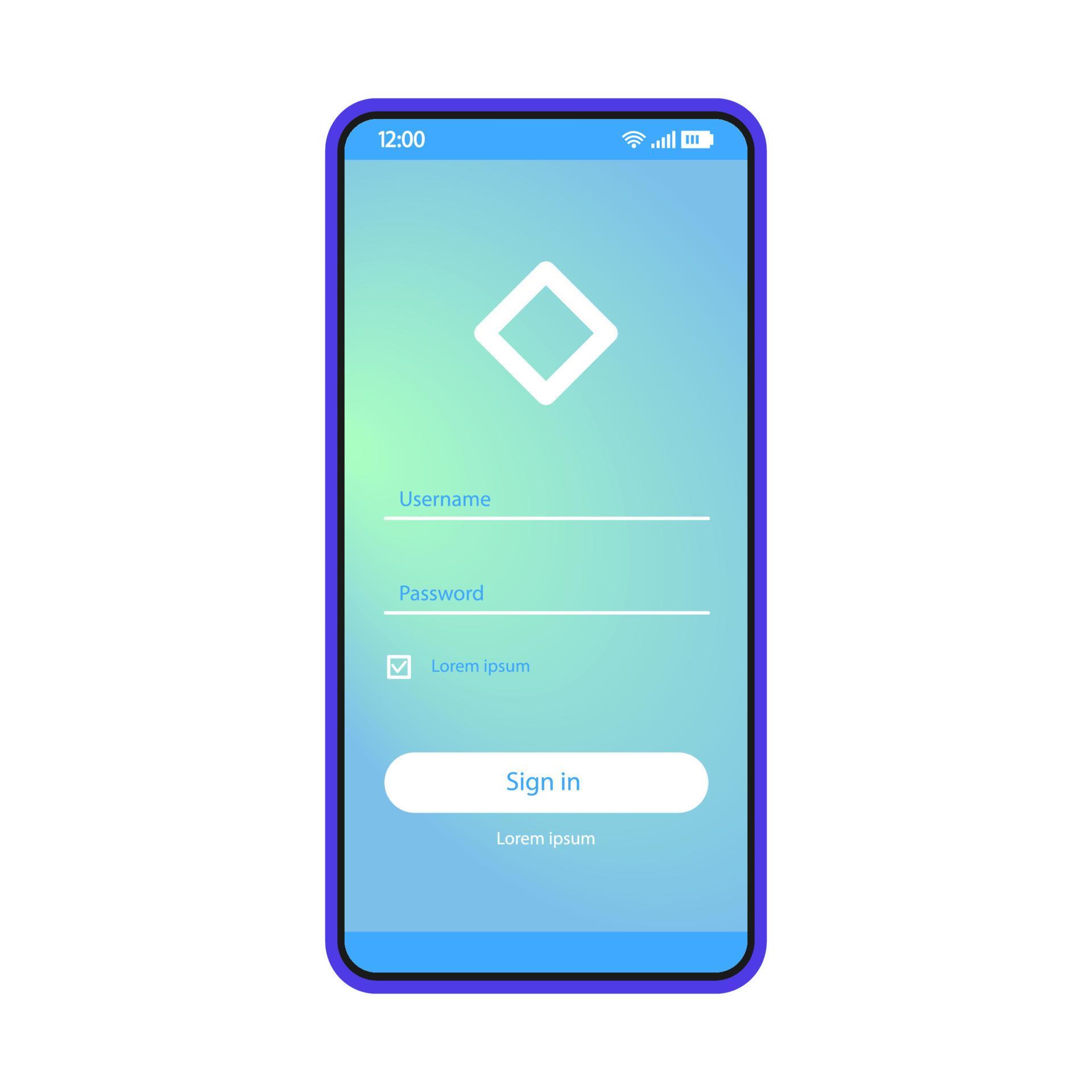 Sign in smartphone page vector template. Mobile app interface blue ...