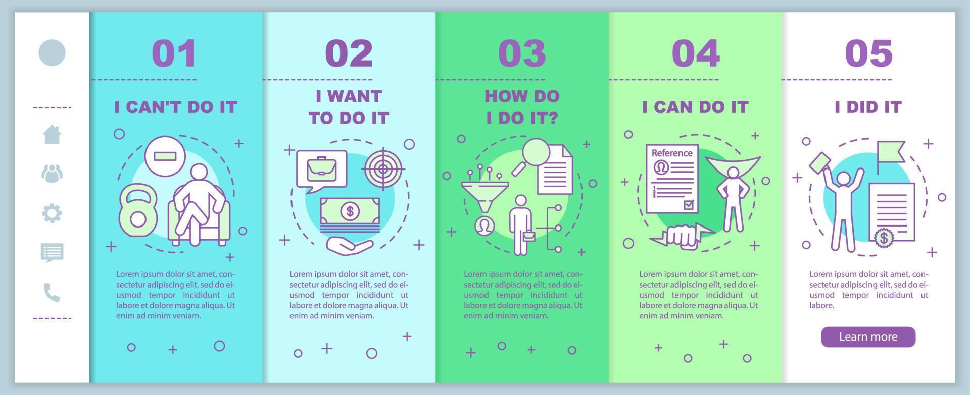 Motivation onboarding mobile web page template. Goal achieving, problem solving. Get job, skill ...