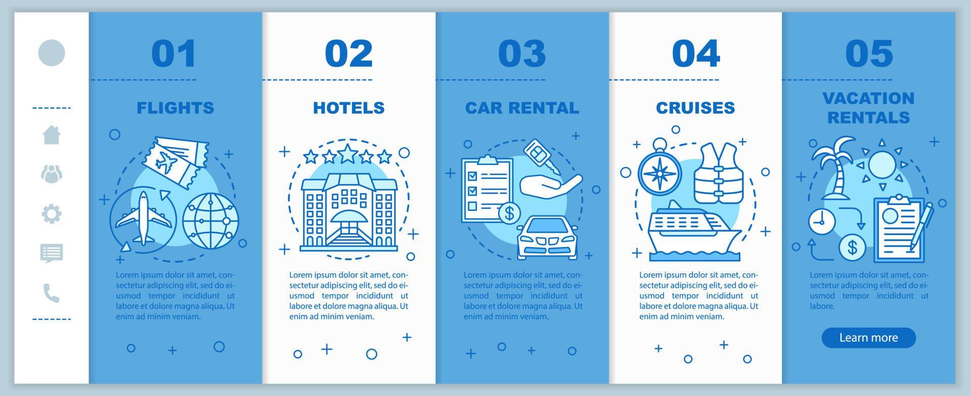 Travel Planner Onboarding Mobile Web Pages Vector Template Flight Cruise Responsive