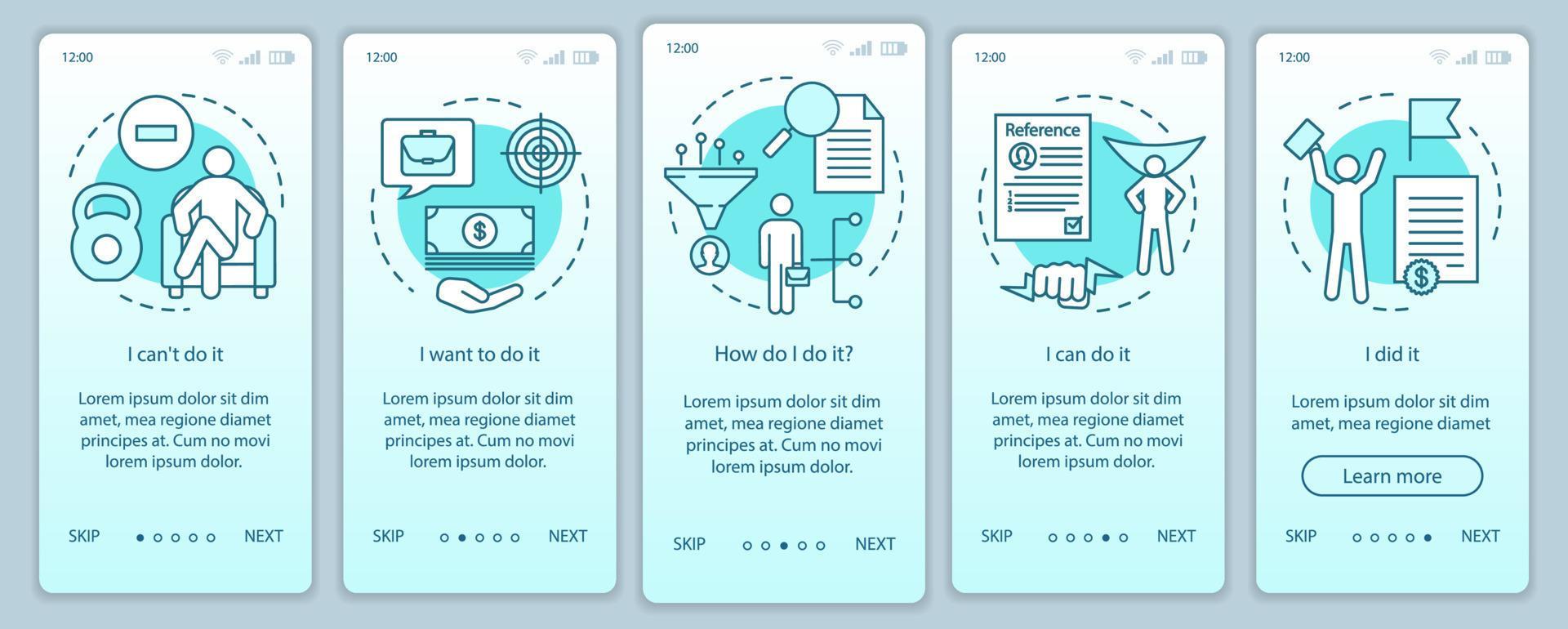 Motivation Onboarding Mobile App Page Screen With Linear Concepts Goal Achieving Problem