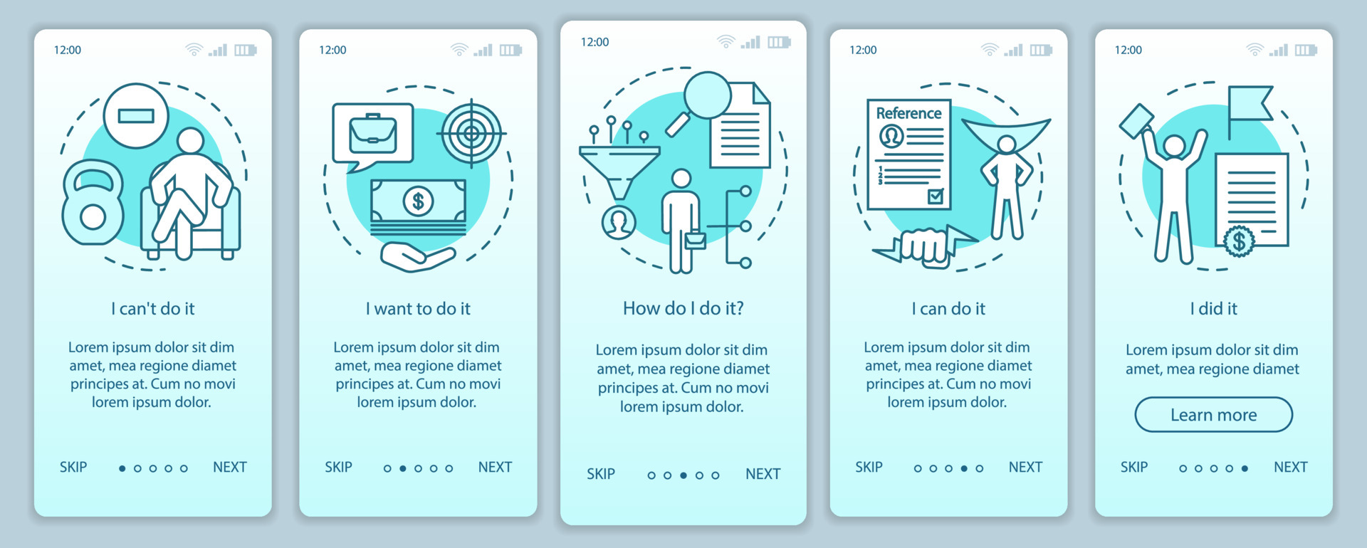 Motivation Onboarding Mobile App Page Screen With Linear Concepts Goal Achieving Problem