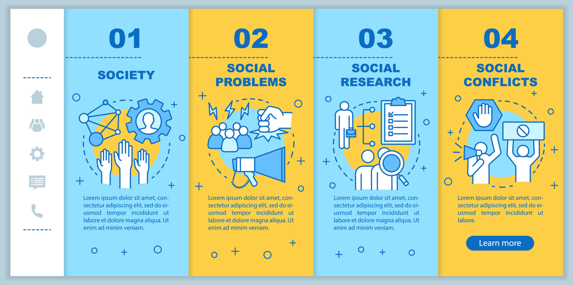 Sociology onboarding mobile web pages vector template. Society, social problems, conflicts ...