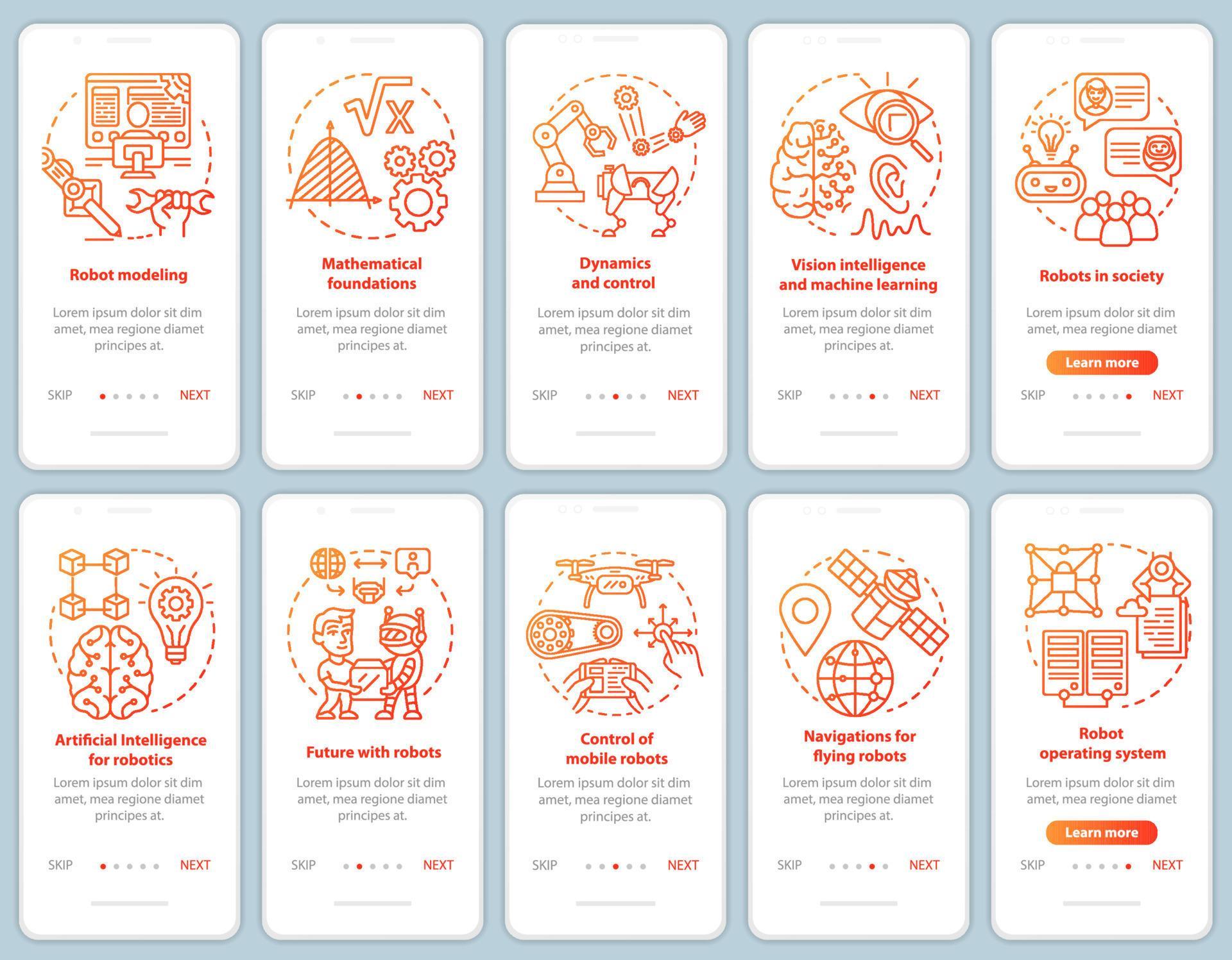 Robotics Courses Onboarding Mobile App Page Screen Vector Template Set Modeling Development Of