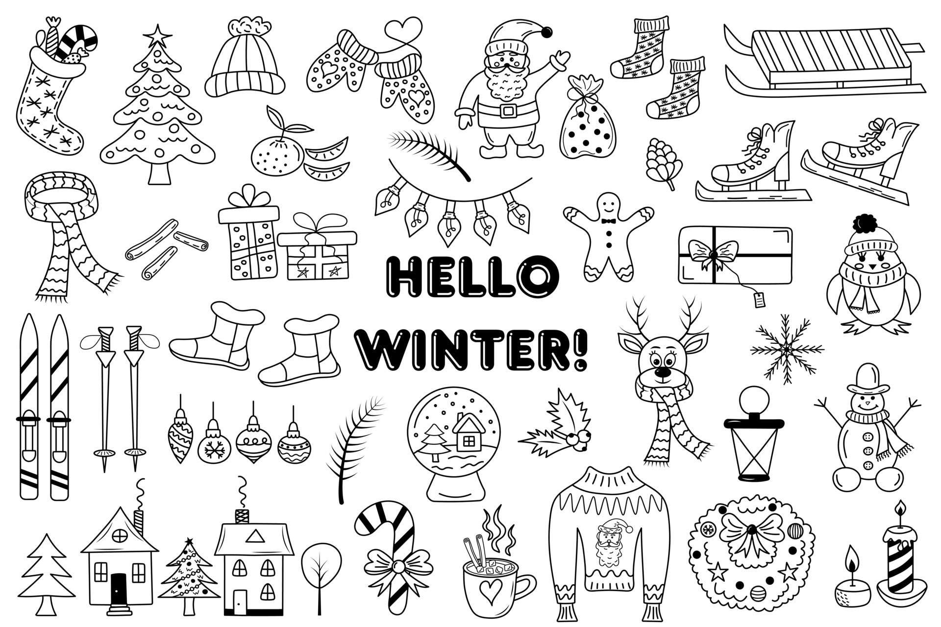 Hello winter doodle set. Hand drawn winter and Christmas elements ...
