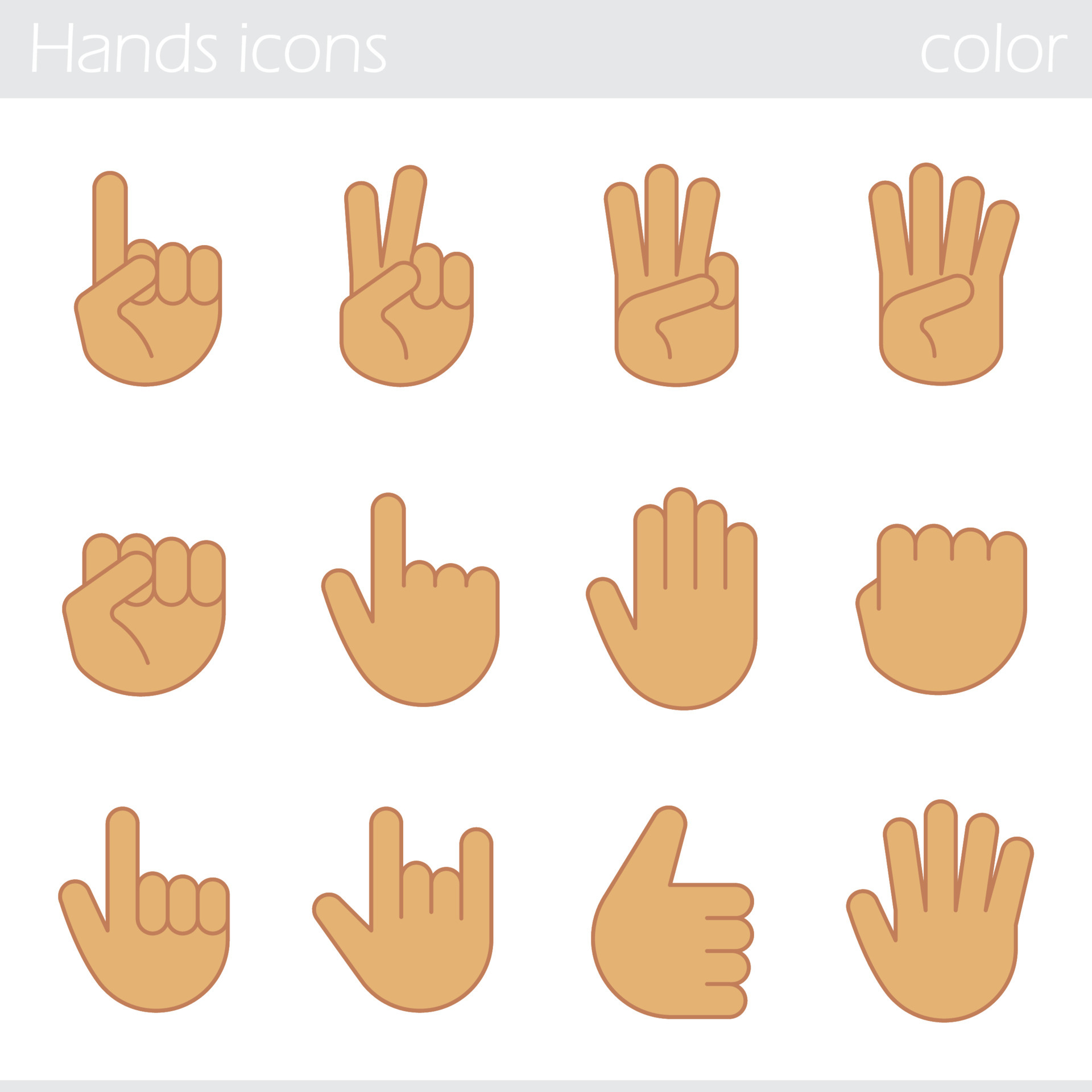 Hand gesture color icons set. Point out, cool, approve, hello, heavy metal, thumbs up, fist ...