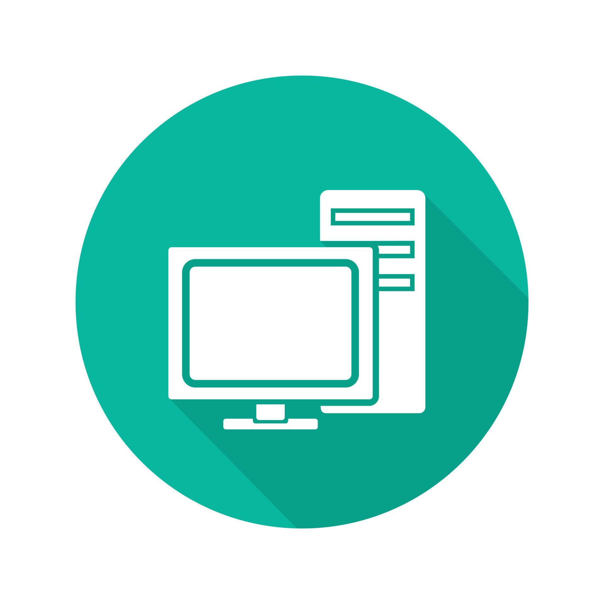Computer flat design long shadow icon. PC screen and system unit ...