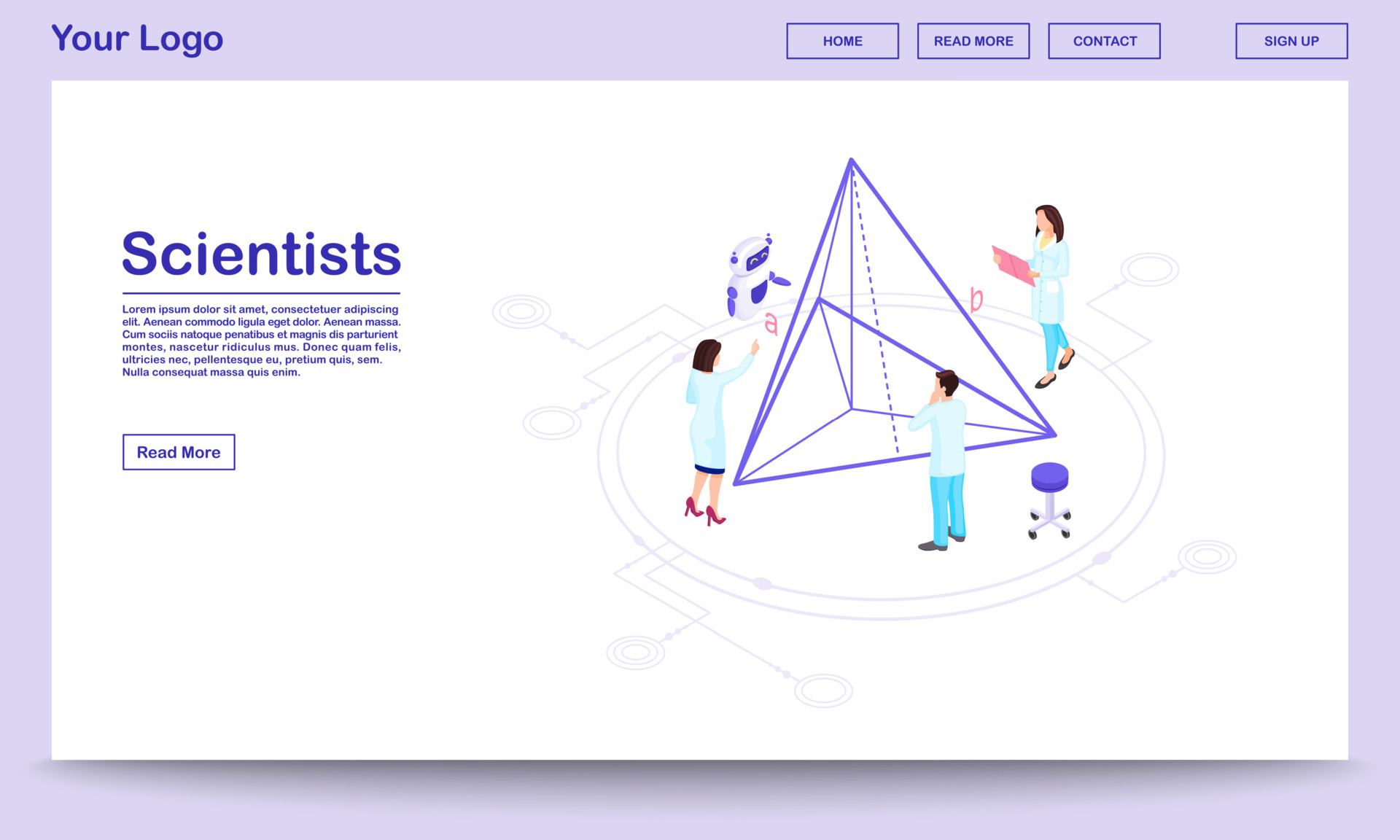 Computer assisted science isometric webpage template. Scientists with ...