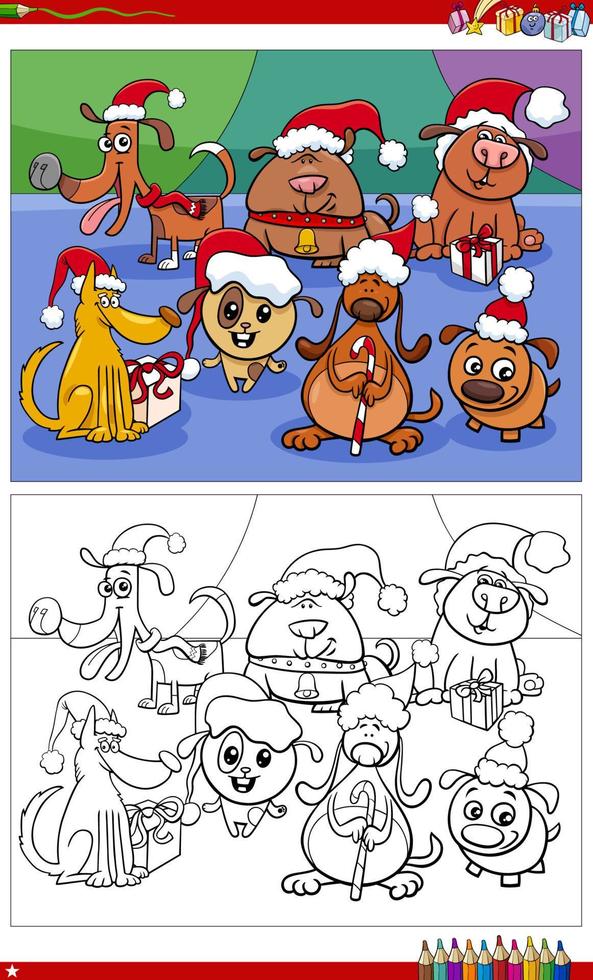 cartoon dog characters with Christmas presents coloring book page ...