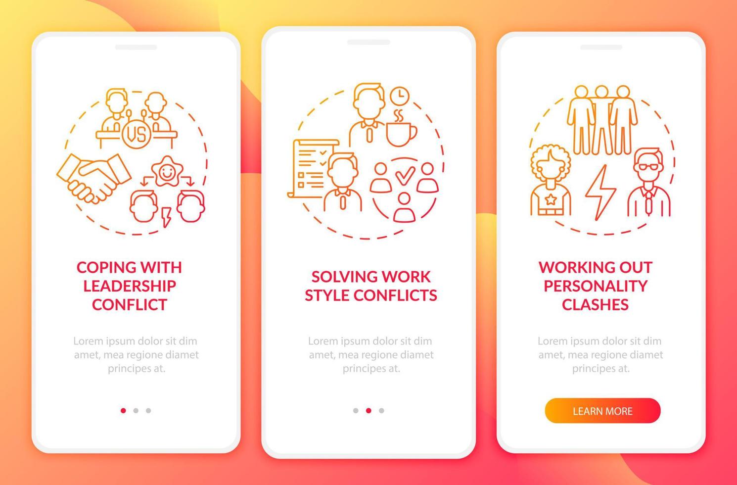 Dealing With Team Conflicts Red Onboarding Mobile App Page Screen Work Relations Walkthrough 3