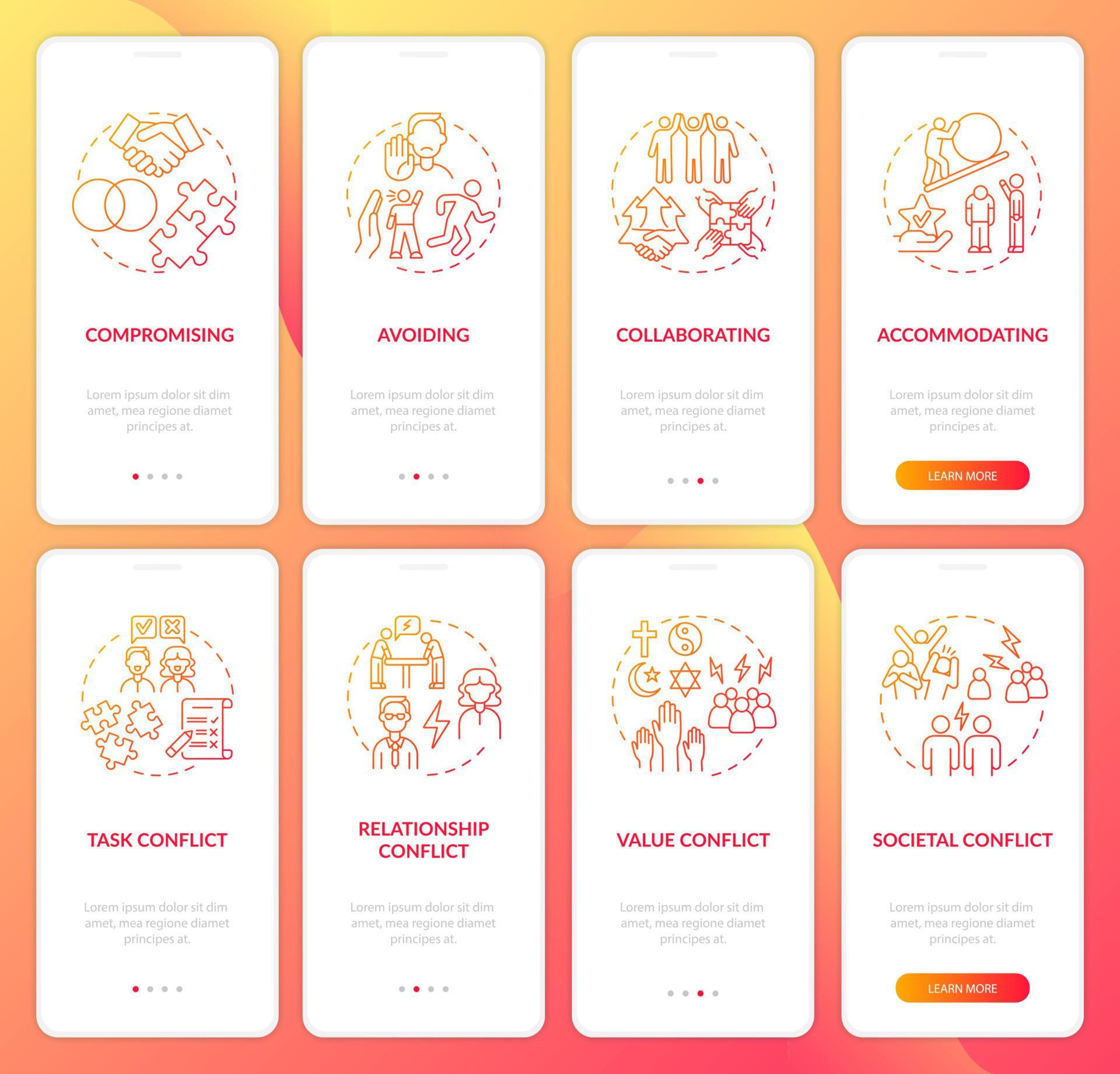 Conflict Management Red Onboarding Mobile App Page Screen Set Work Relations Walkthrough 4
