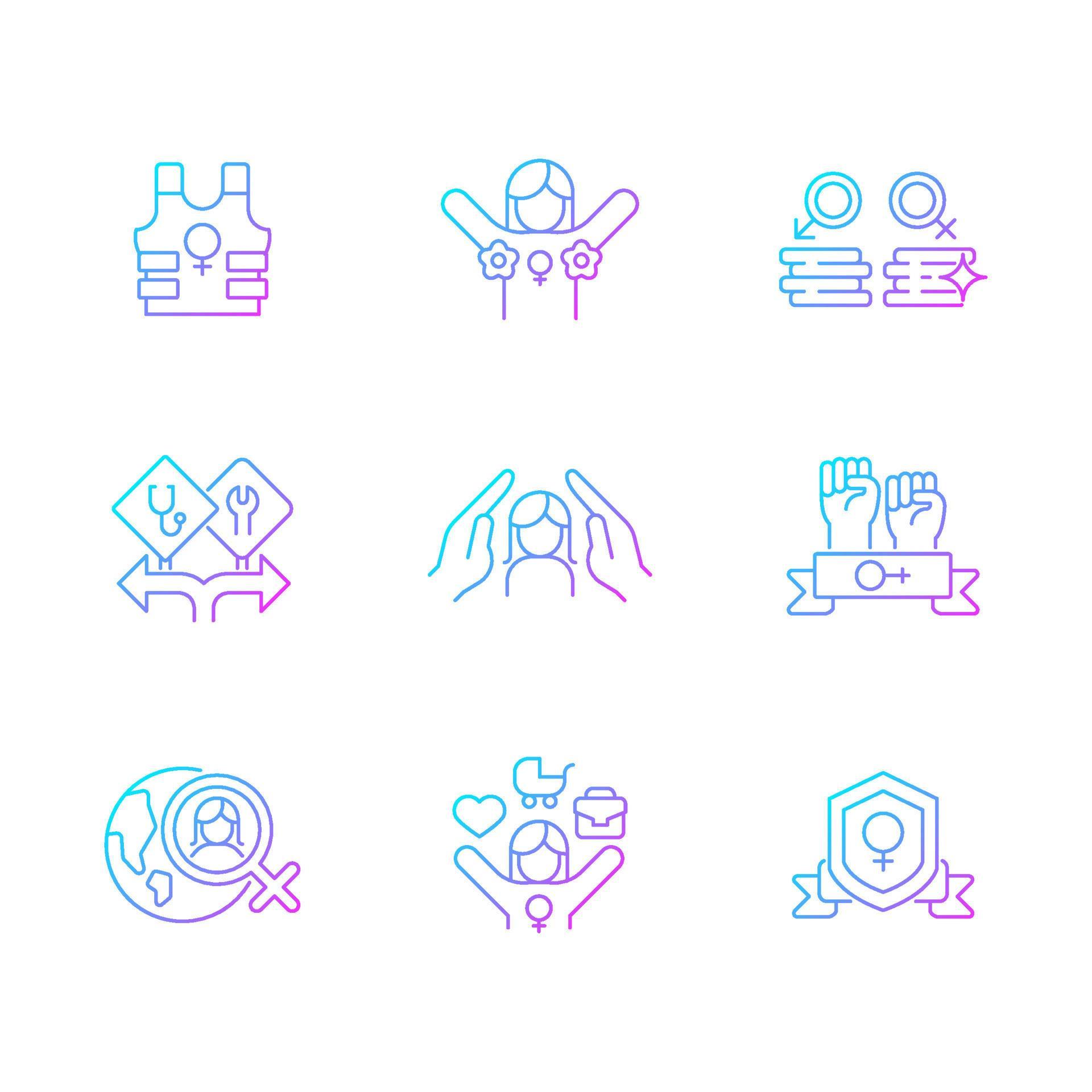 Feminist Activity Gradient Linear Vector Icons Set Female Freedom