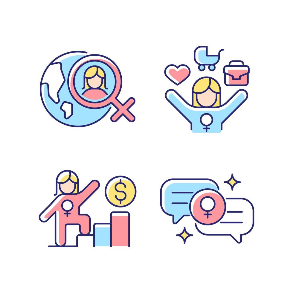 Mainstream Feminism Rgb Color Icons Set Women Rights Movement Across