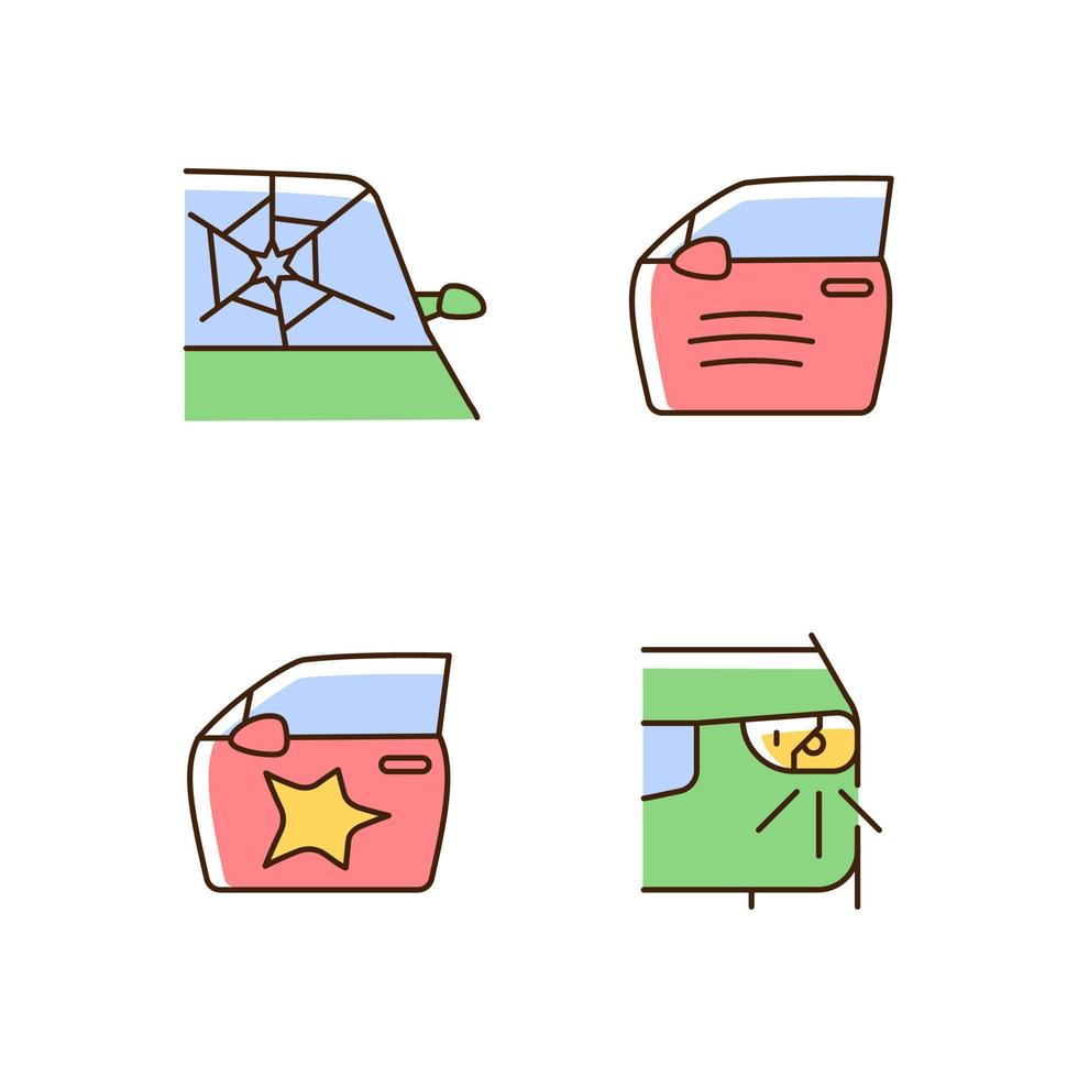 Auto accident types RGB color icons set. Windscreen damage. Door panel ... Auto accident types RGB color icons set. Windscreen damage. Door panel ...