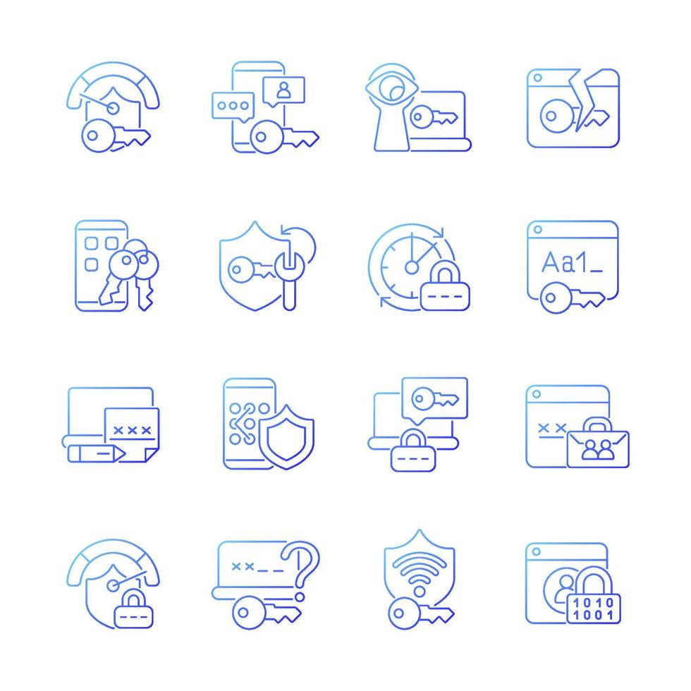 Password management gradient linear vector icons set. Smartphone and computer safeguard. Secure ...