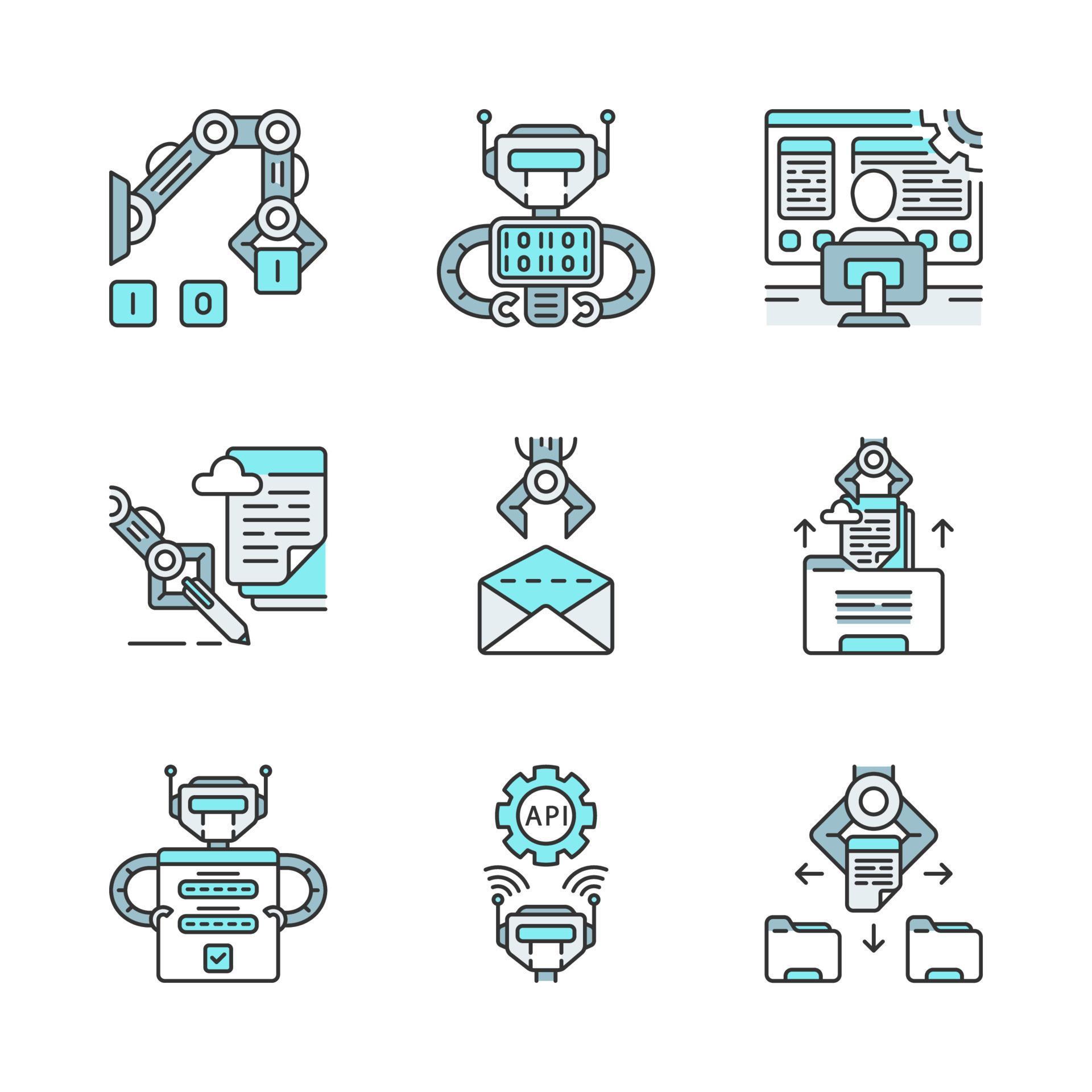 RPA color icons set. Robotic process automation benefits. Development ...
