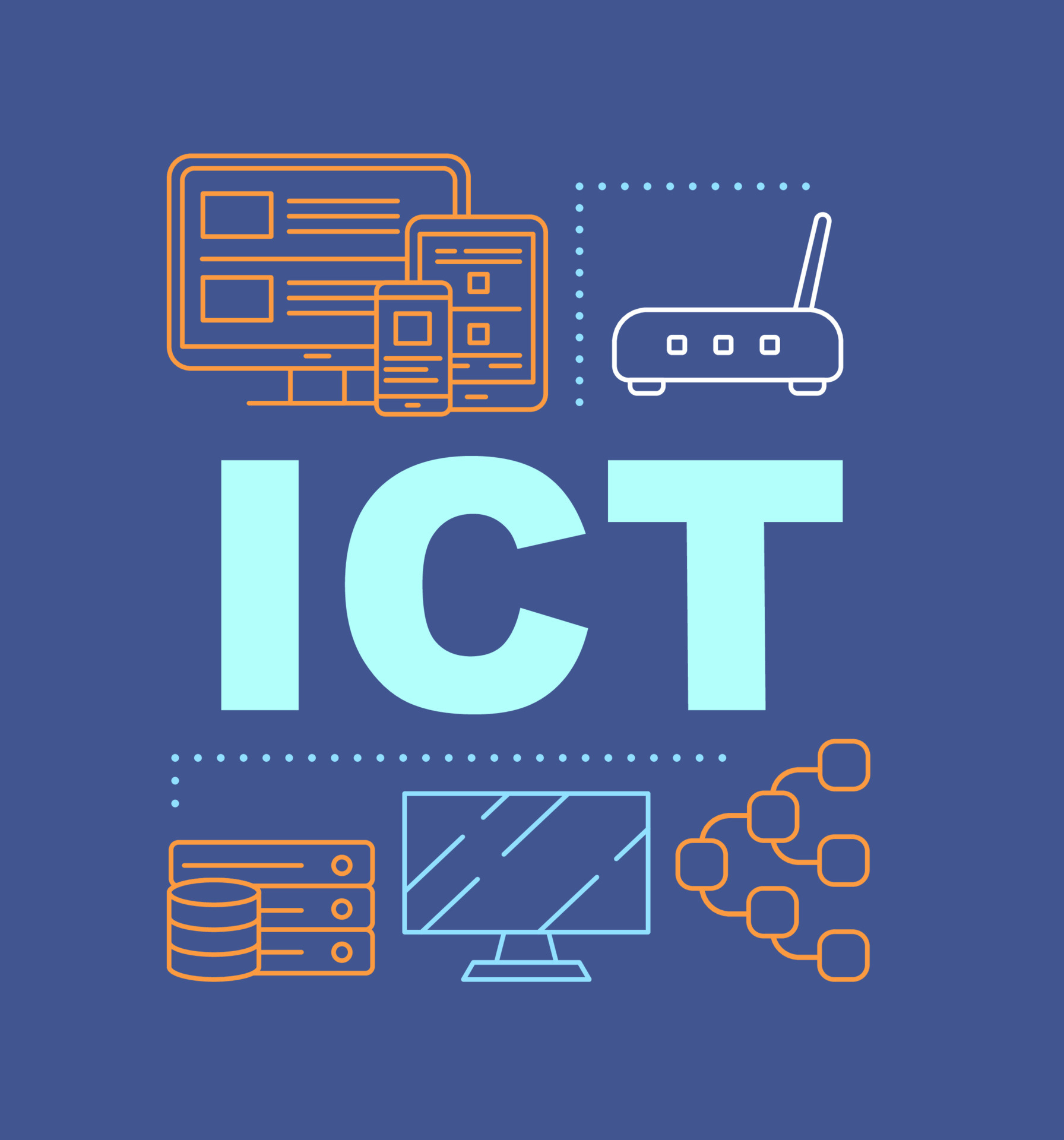 ICT blue word concepts banner. Presentation, website. Information and ...