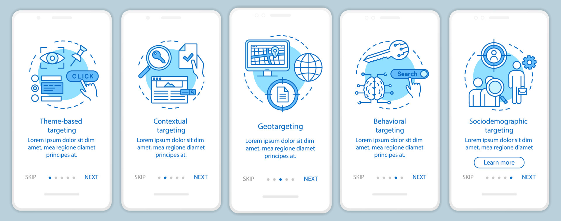 Targeting Types Blue Onboarding Mobile App Page Screen Vector Template Targeted Advertising