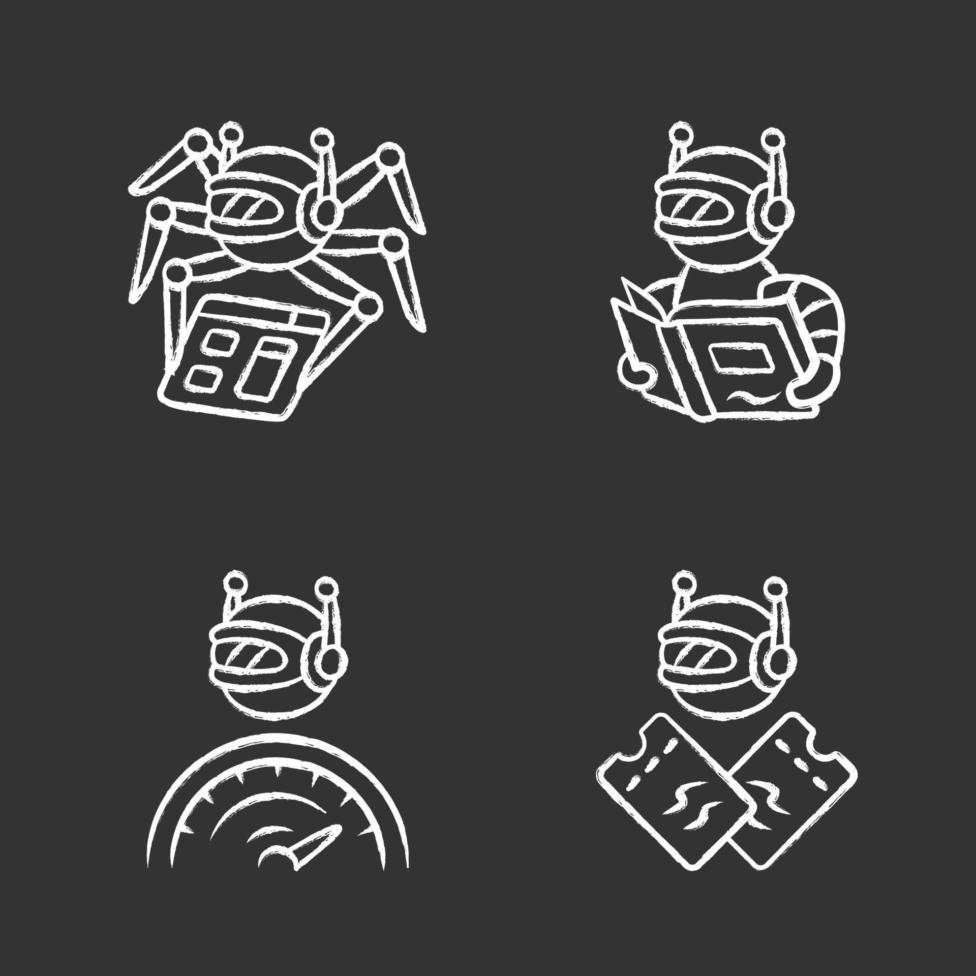 Internet bots chalk icons set. Crawler, text-reading, scalper robot. Artificial intelligence. AI ...